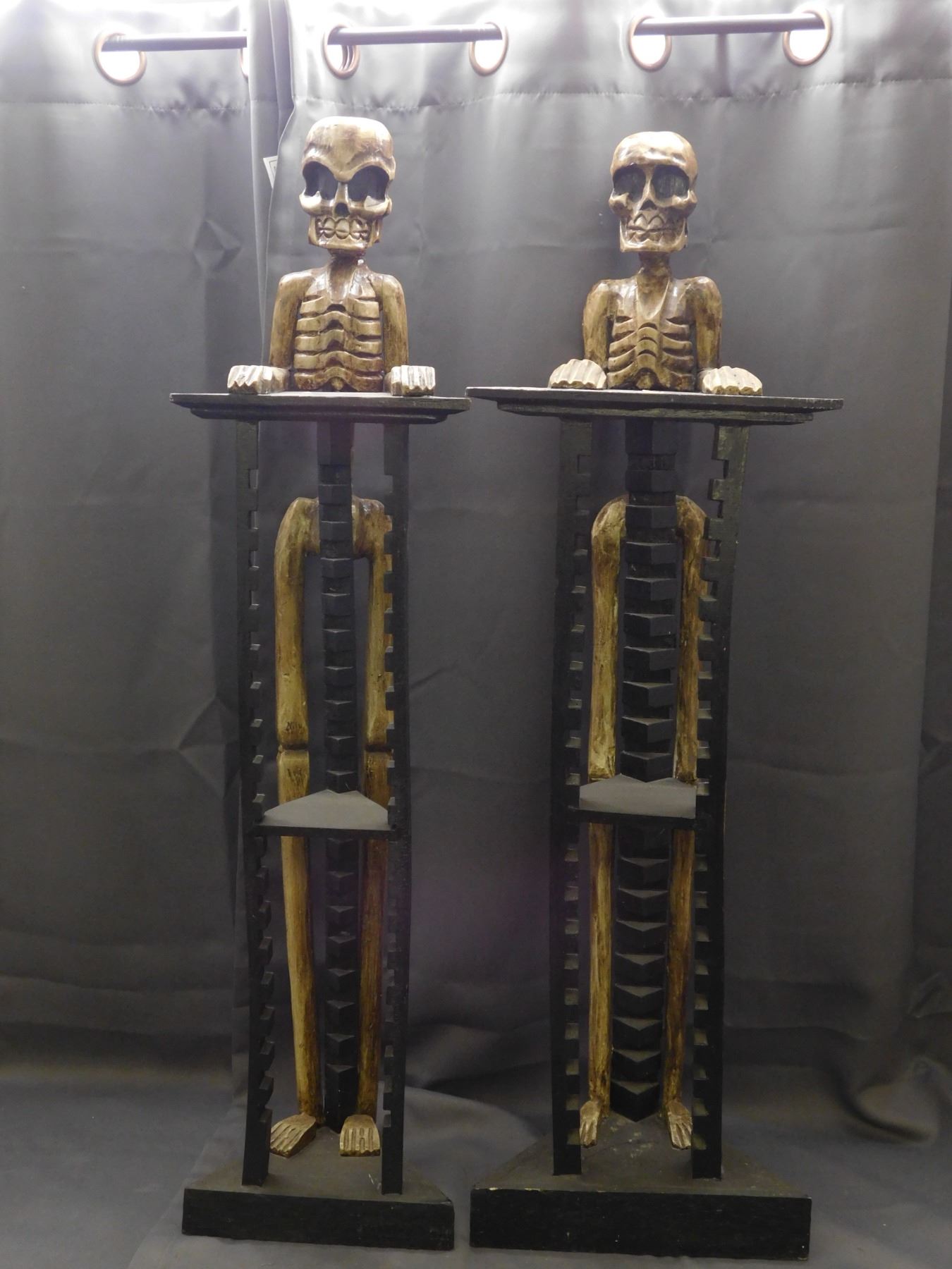 Wood Carved Skeleton CD Racks Pair 41" Tall