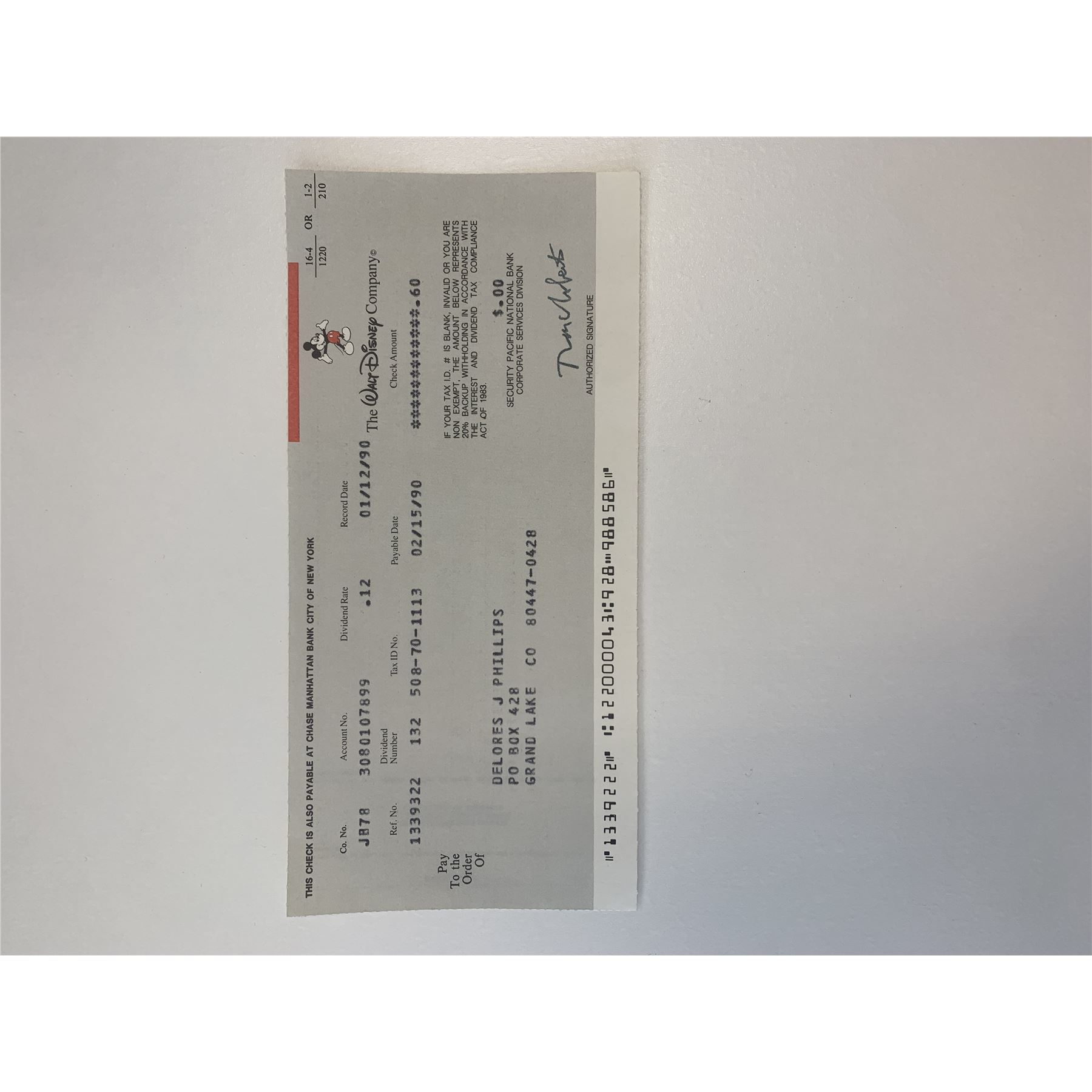 Walt Disney stock dividend check