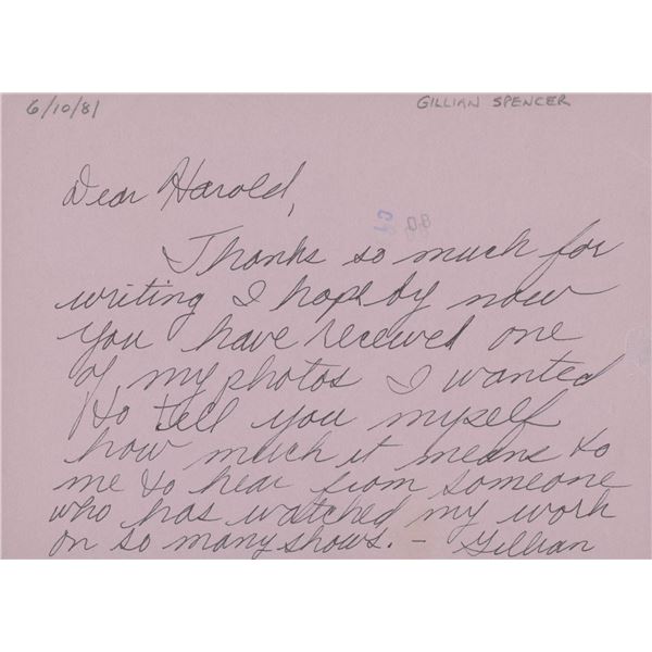 Gillian Spencer handwritten and signed post card