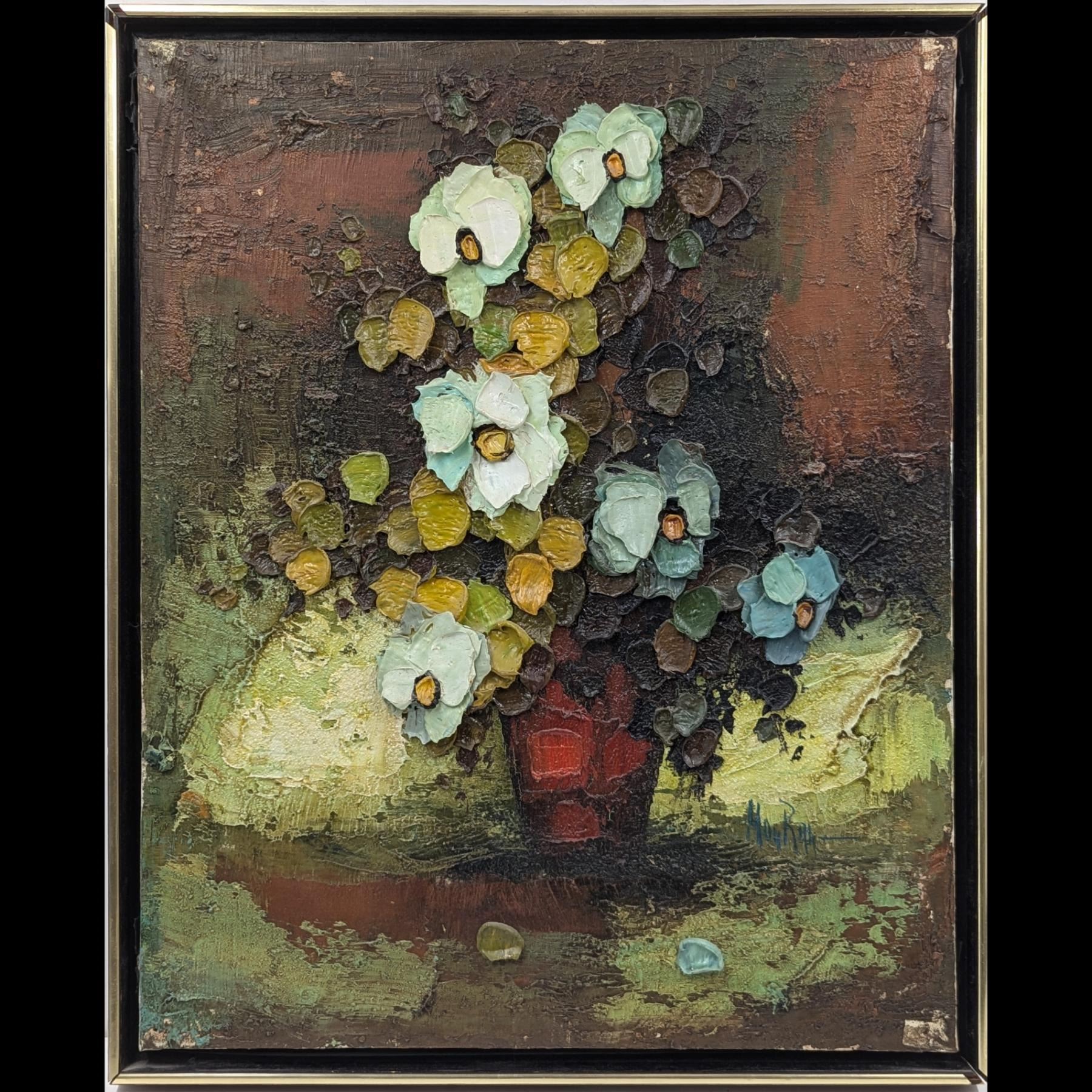 Signed Man Ray? Oil On Canvas Still-Life Floral Impasto Painting