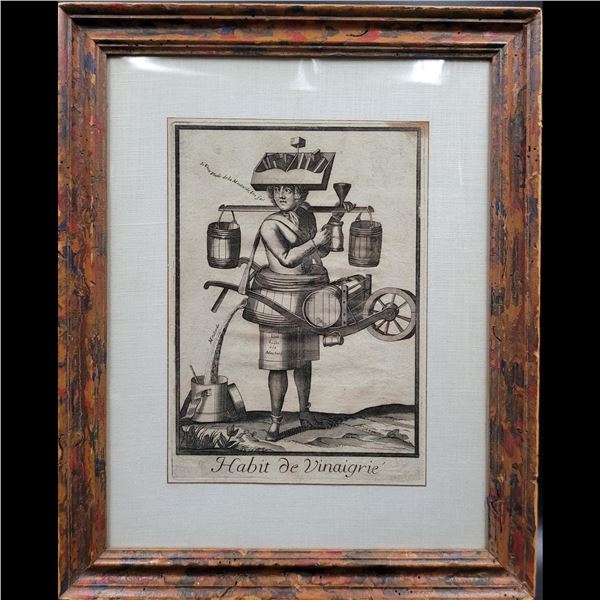 Framed 17th C Nicholas De Larmessin Original Etching "Habit De Vinaigrie"