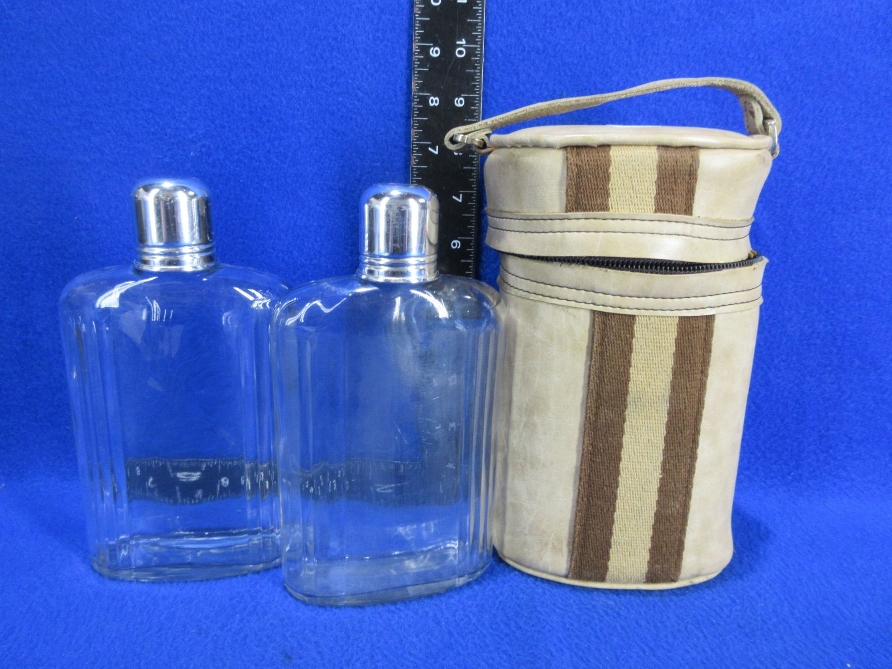 2 Vintage Glass Liquor Flasks with Carrying Zippered Case