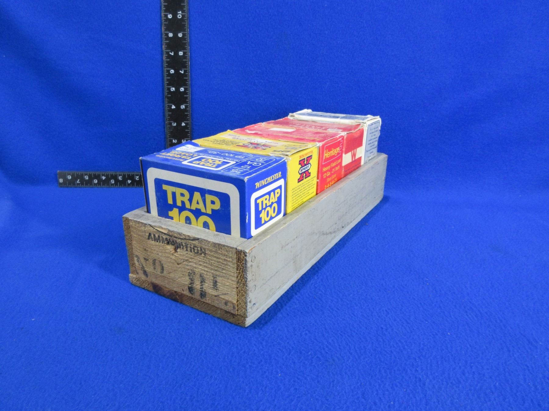 No. 8 1/2 Shotshell Wood Box with 5 Empty Ammo Boxes