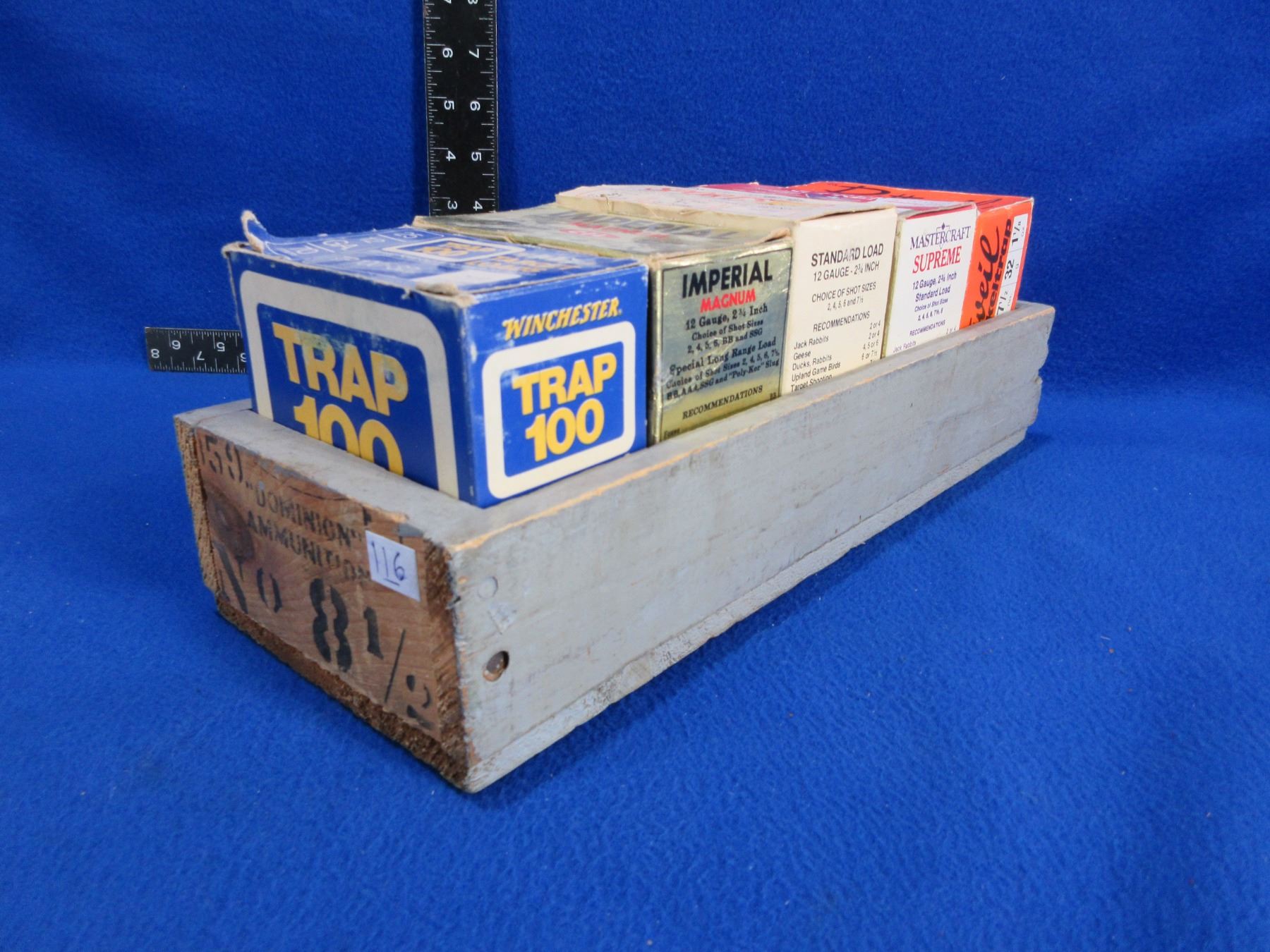 No. 8 1/2 Shotshell Wood Box with 5 Empty Ammo Boxes