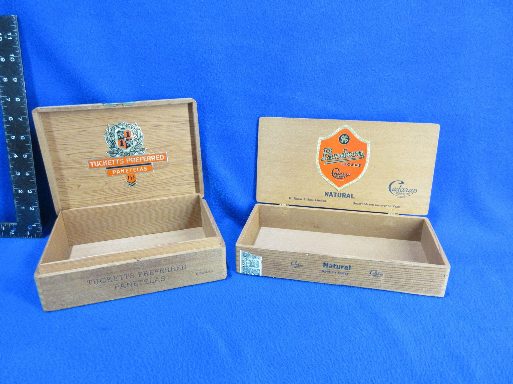 2 Vintage Wood Cigar Boxes - Pandora, Tucketts Panetelas