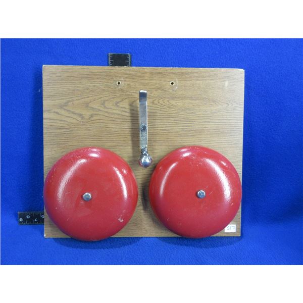 2 Vintage Fire Alarm Bells Mounted with Hand Ringer
