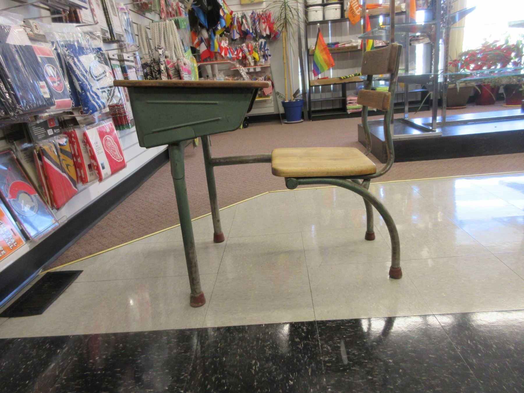 Vintage Wood and Metal School Desk with Book Cubby