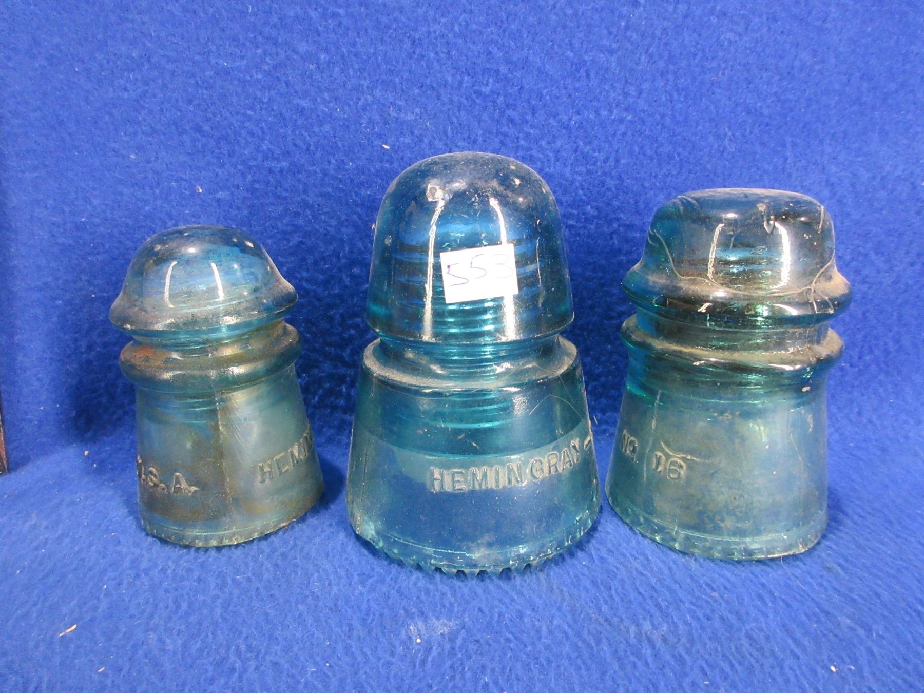 3 Vintage Hemingray Blue Green Glass Electrical Insulators