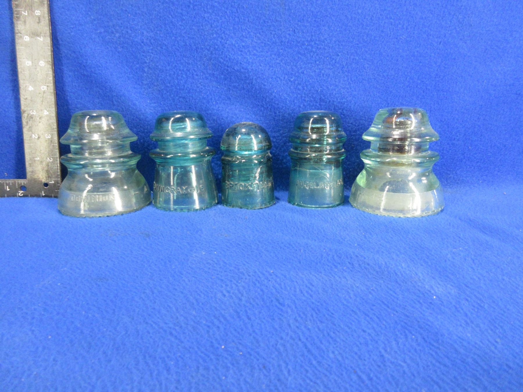 5 Vintage Glass Electrical Insulators - Blue/Green