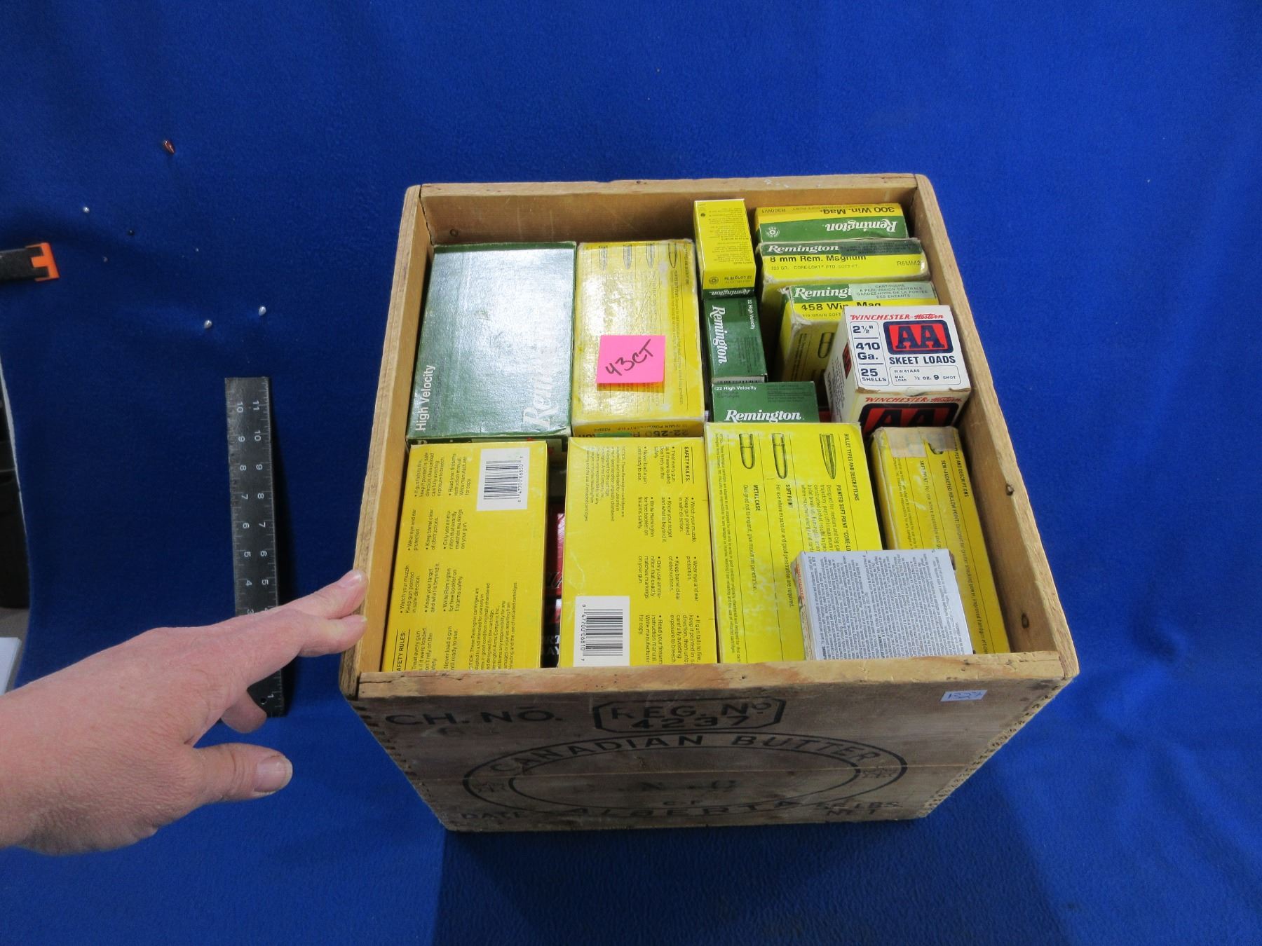 Canadian Butter Wood Box with 43 Empty Ammo Boxes