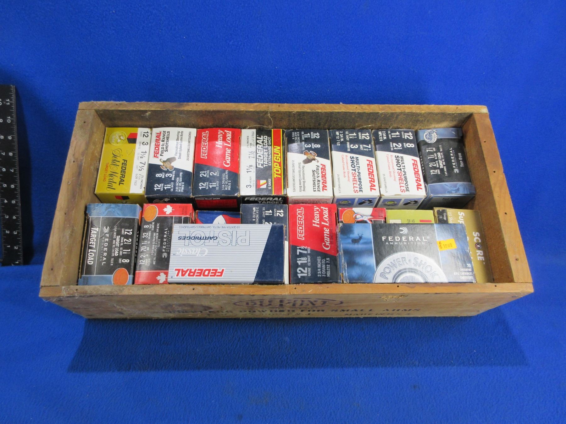 DuPont Powder Wood Box with 18 Empty Ammo Boxes