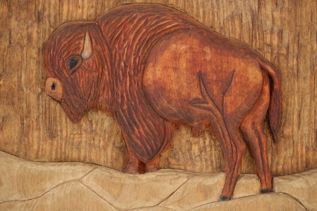 Western Folk Art Hand Carved Wood Bison Relief