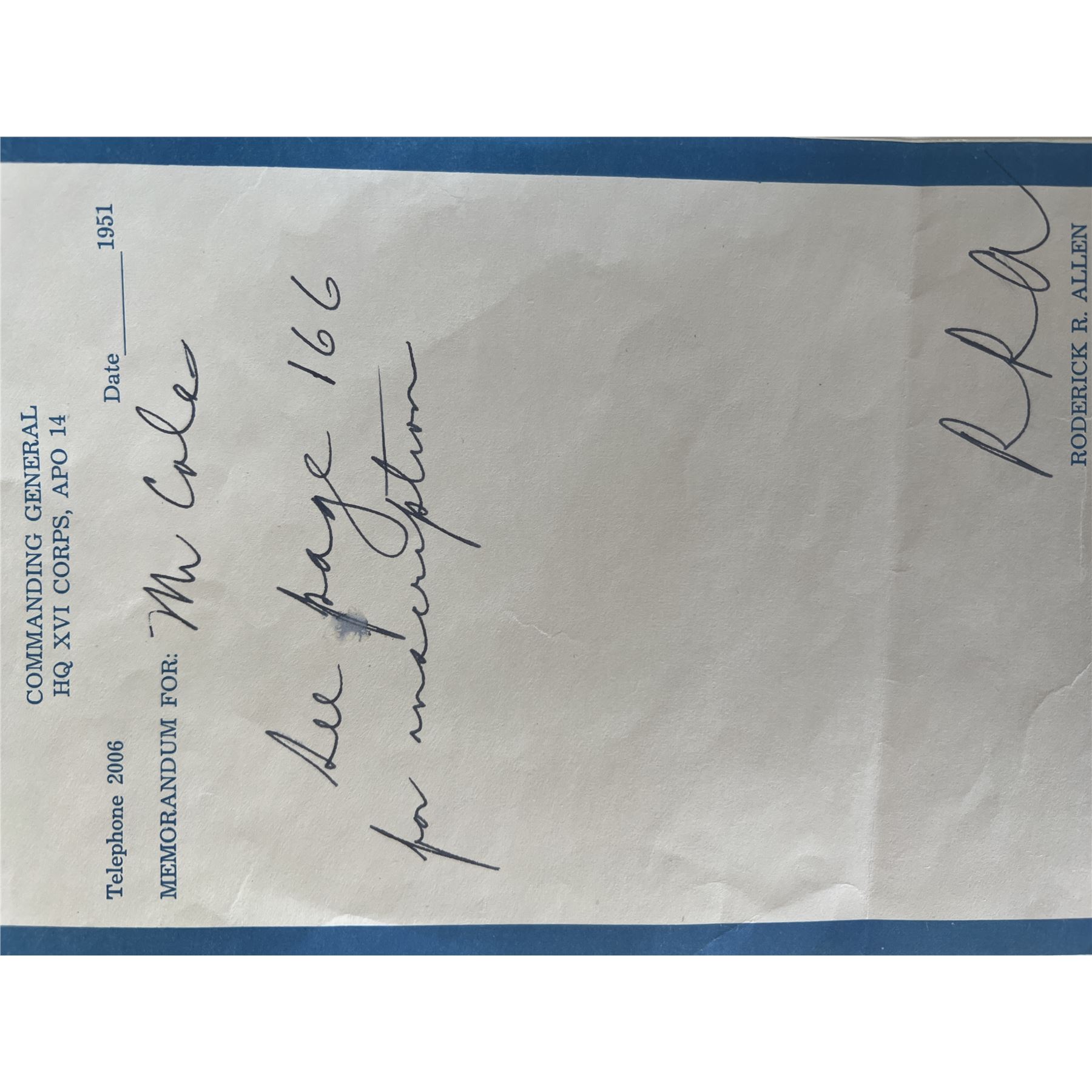 Major General Roderick R. Allen signed note