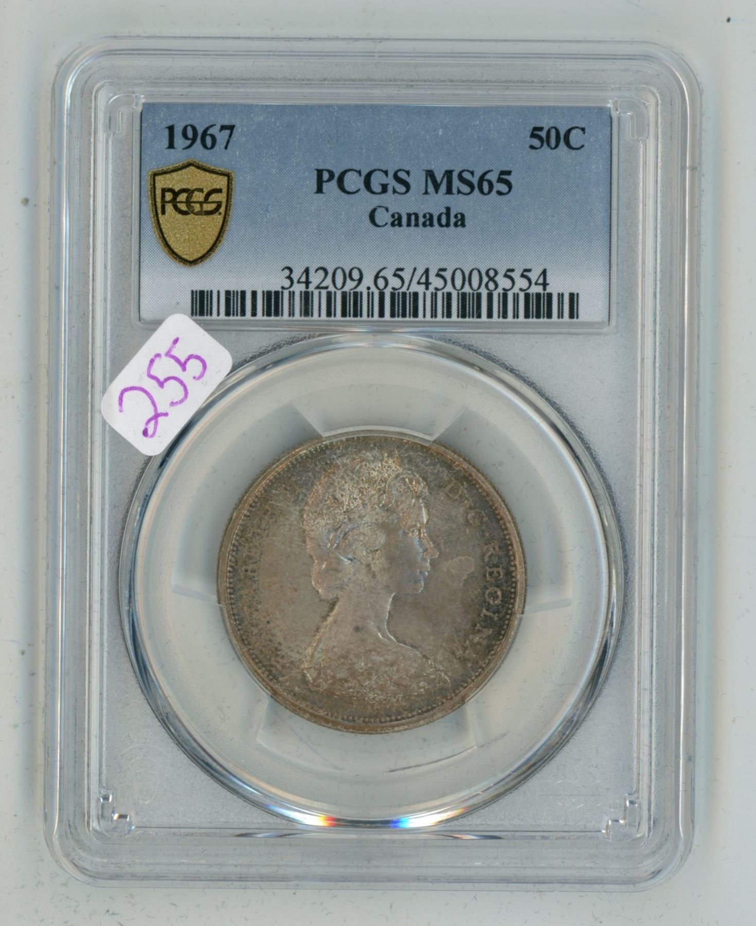 1967 PCGS graded, Canadian centennial wolf, silver 50 cent coin - MS65 ...