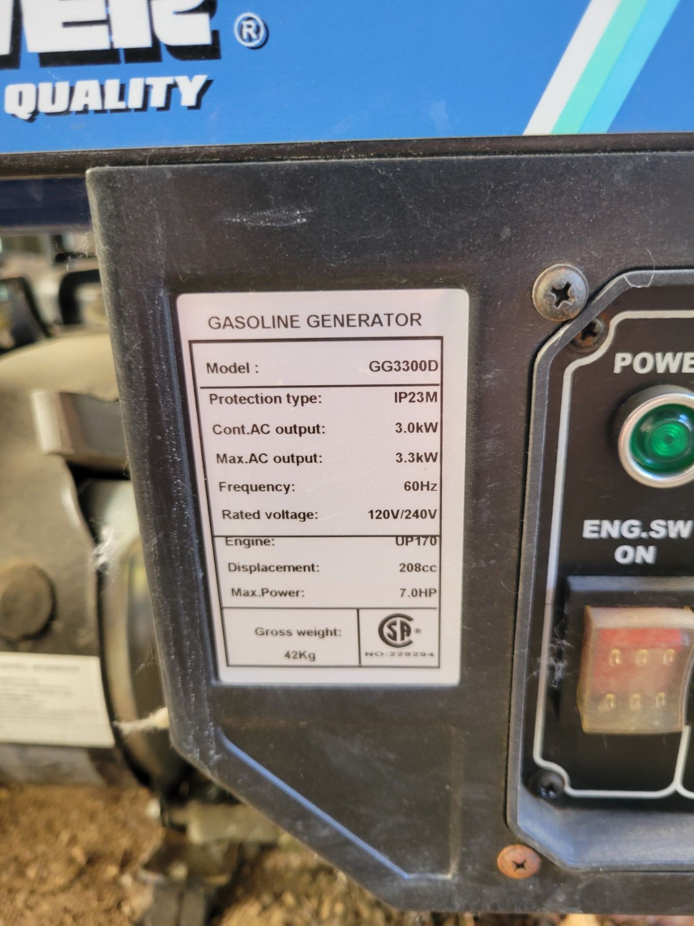 Professional United Power gas Generator, 7 Hp, 60Hz, Model. GG3300D