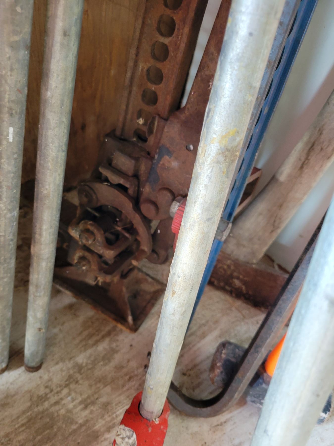 Sledge hammer, brooms, wood clamps, axe, crow bar, jackall
