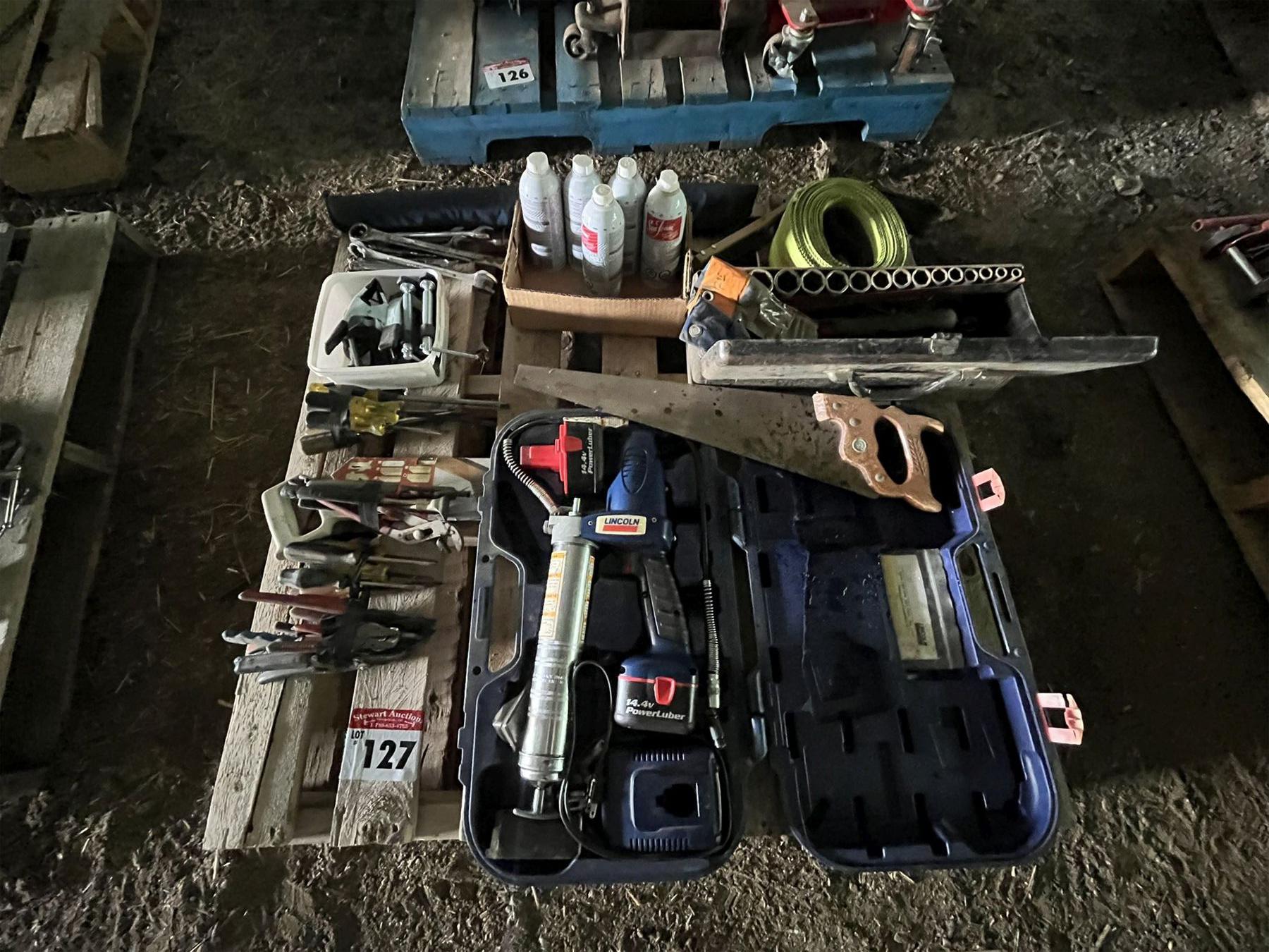 Power Grease Gun, Saw, Sockets, Strap, Tools