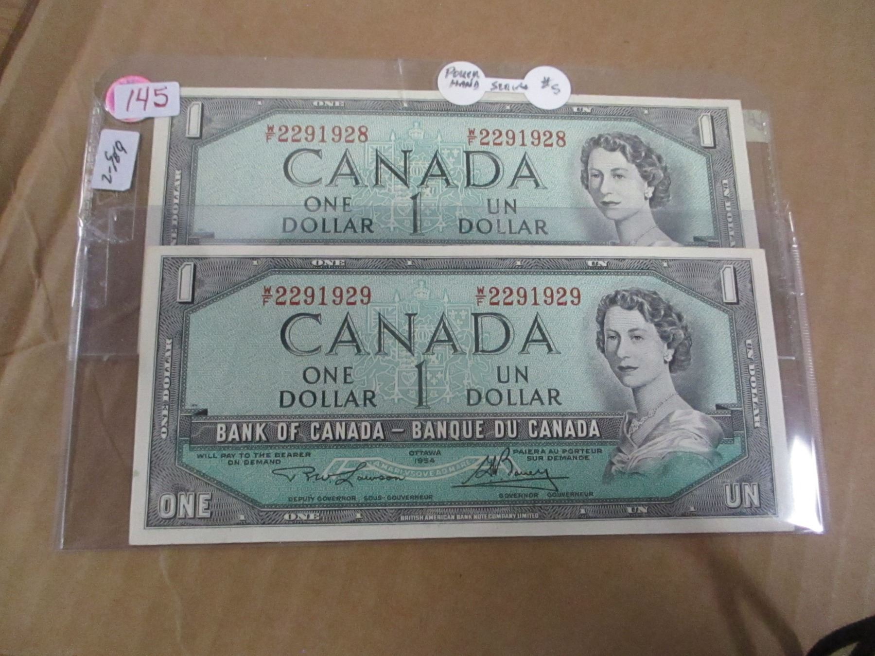 1954 SEQUENTIAL SERIAL NUMBER WITH POKER HAND SERIAL NUMBERS $1 BILLS (2)