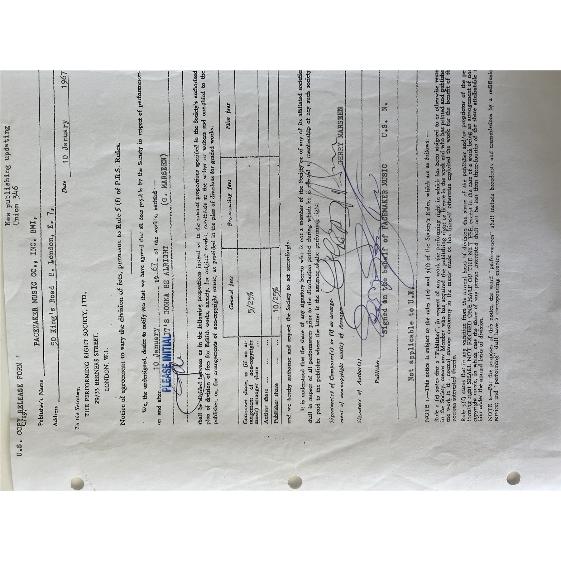 Gerry Marsden signed contract