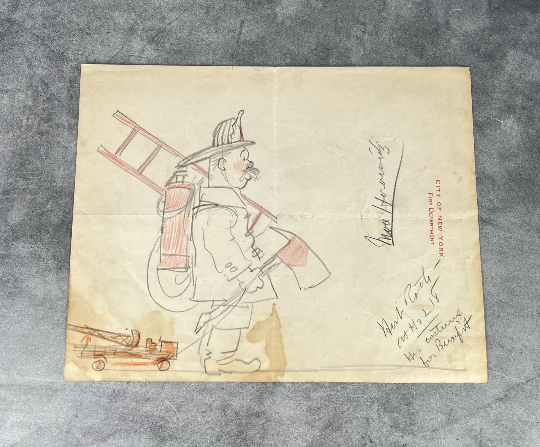 Pencil Drawing Of Fireman On Old FDNY Letterhead