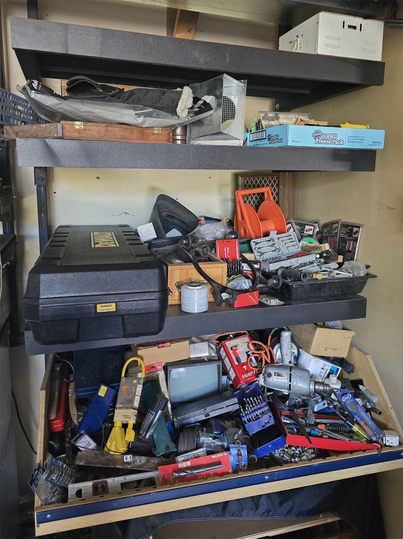 CONTENTS OF SHELVES AND ITEMS ON TOP SHELF