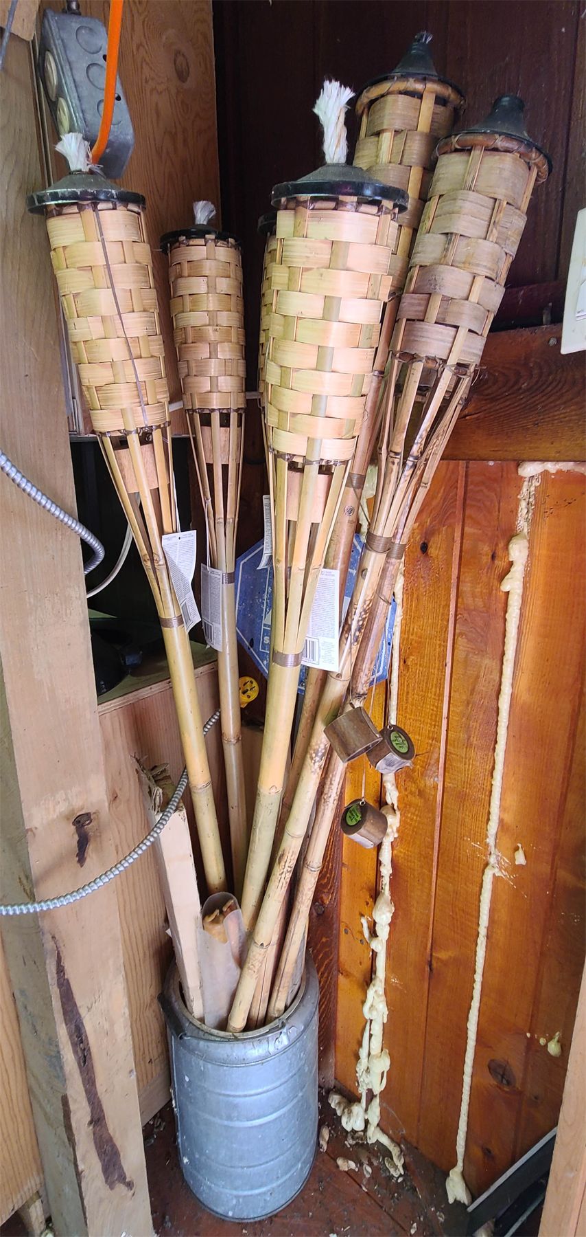 SEVEN BAMBOO TIKI TORCHES + CANDLES