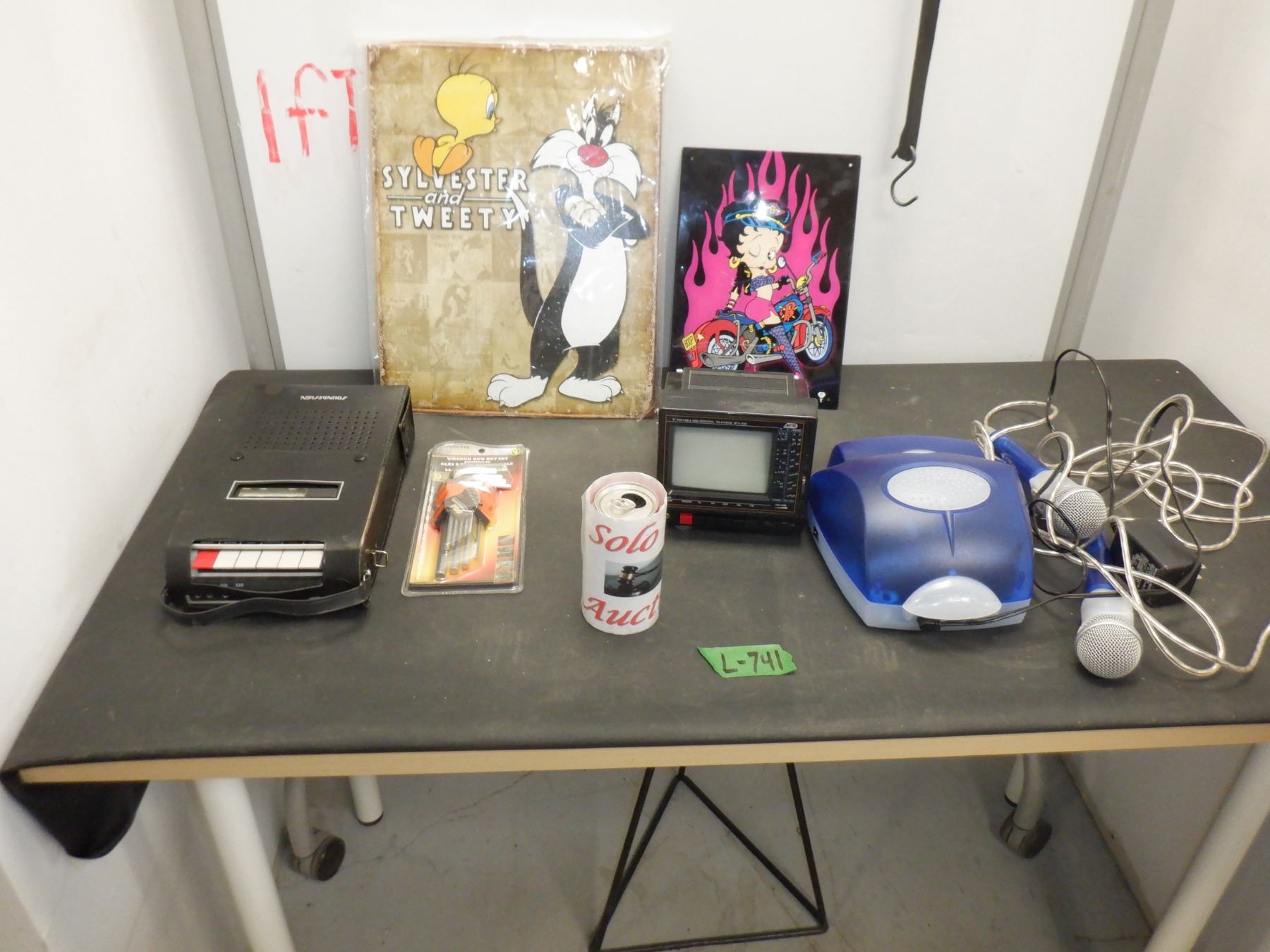 Lot of assorted household items including cassette recorder, tiny black ...