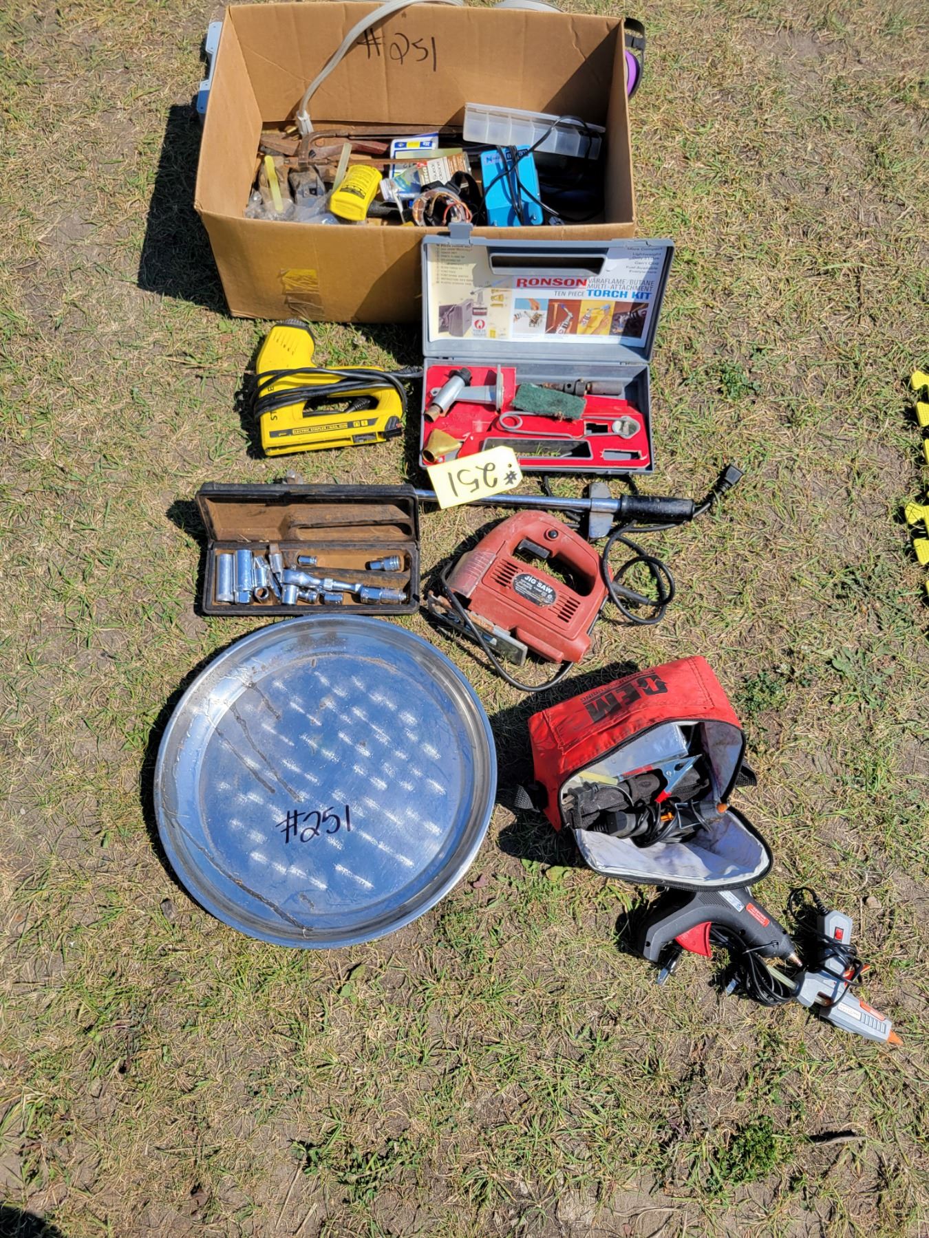 Stapler, glue guns, socket set, jig saw, drill bit set and misc.