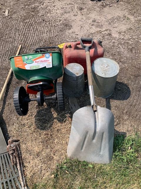 Spreader, rake, shovel, jerry can, 2- pails