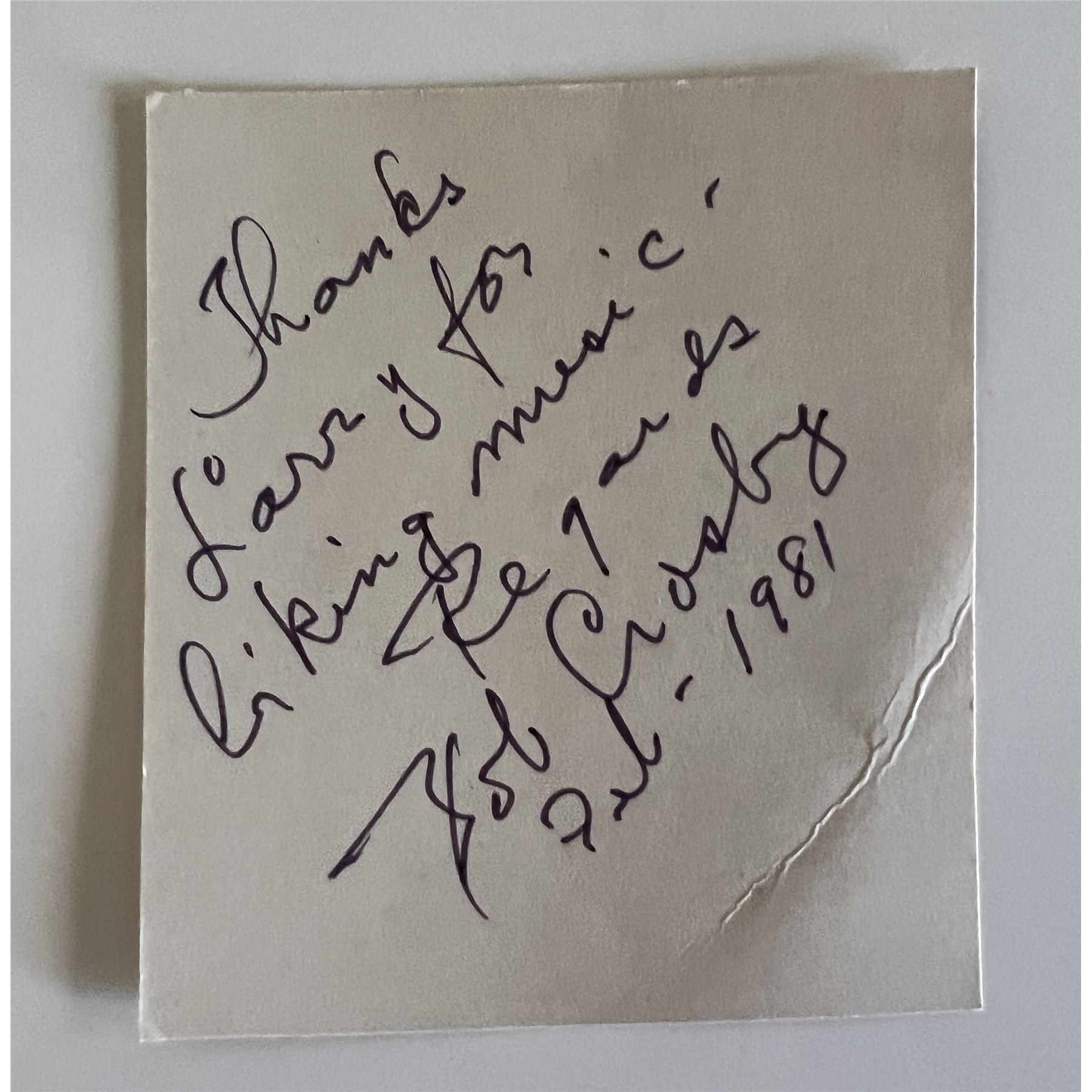 Bob Crosby signed note