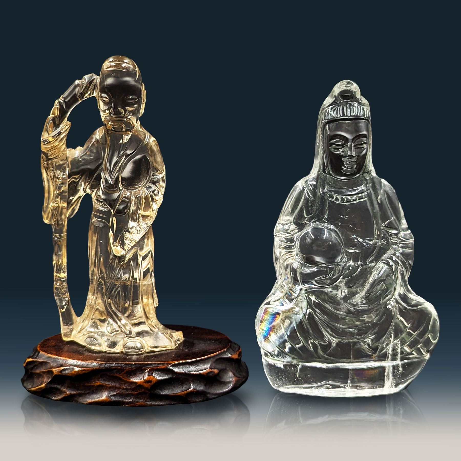 Pair Of Finely Carved Chinese Crystal Quartz Sculptures, Guan Yin And ...