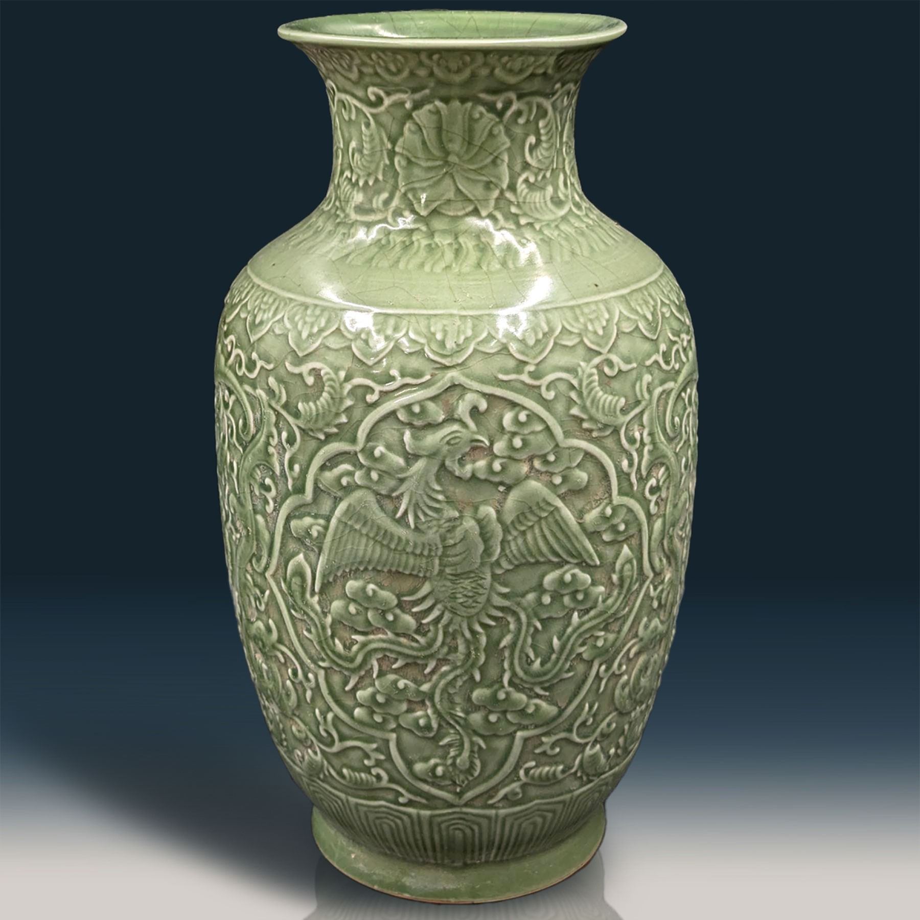 Large Chinese Longquan Glaze Molded Porcelain Vase