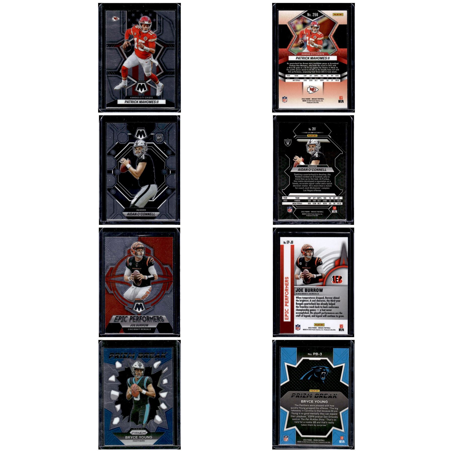 Patrick Mahomes Mosaic, Aiden O'Connell RC Mosaic, Joe Burrow Prizm ...
