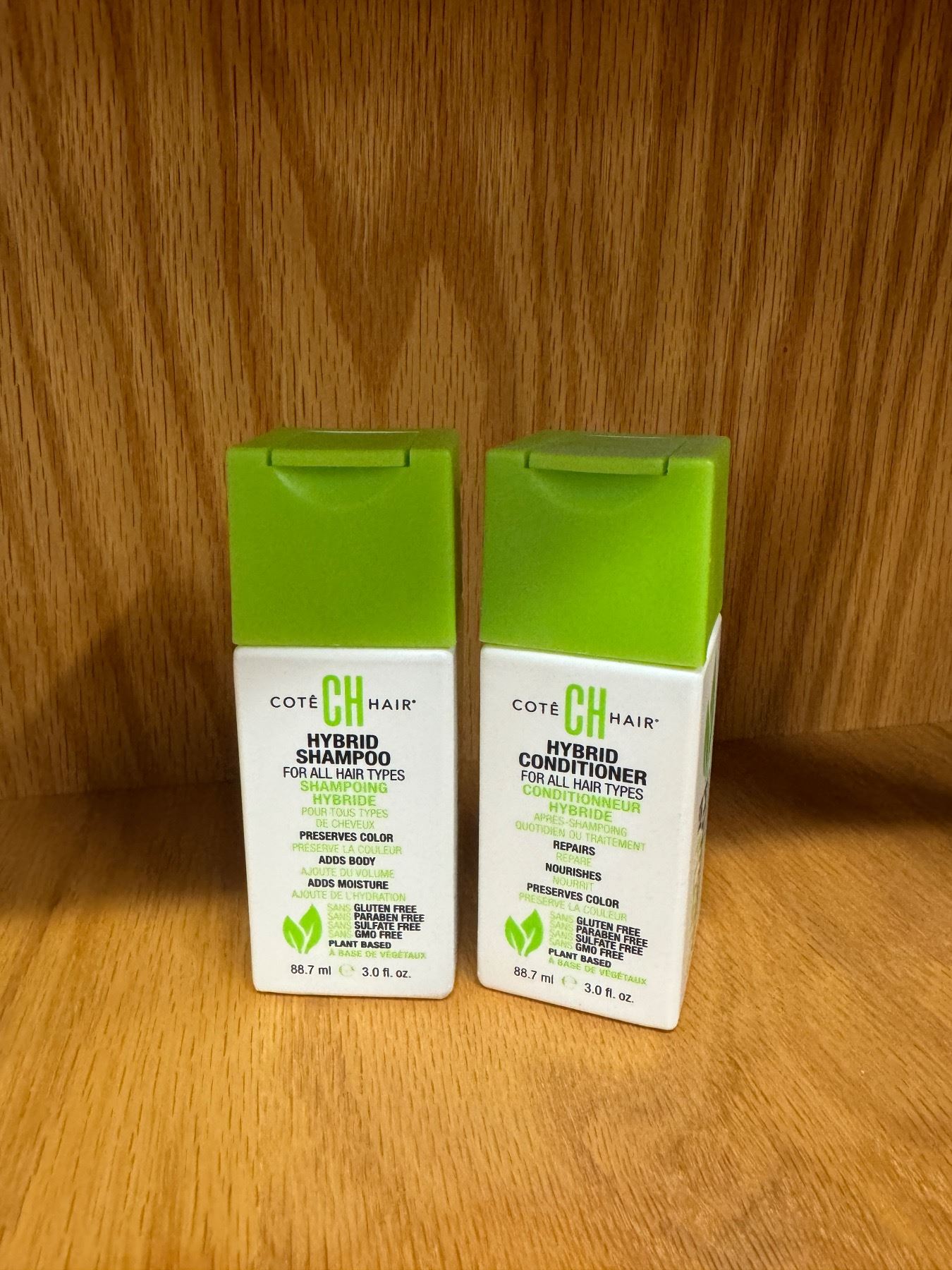 CH Coté, hybrid shampoo, and conditioner