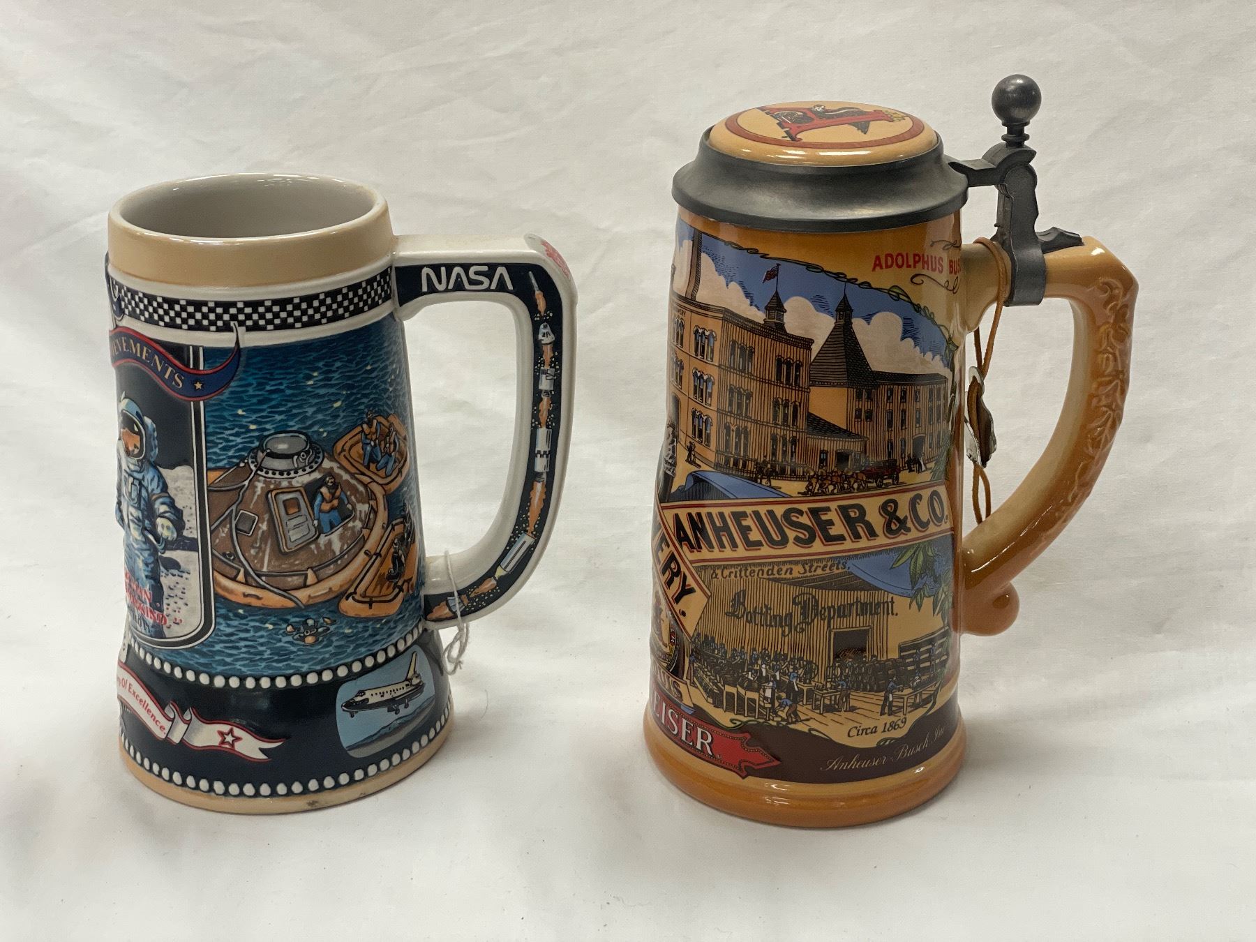 2 Vintage Beer Themed Steins: Miller Lite Nasa & Budweiser 1990 Edition