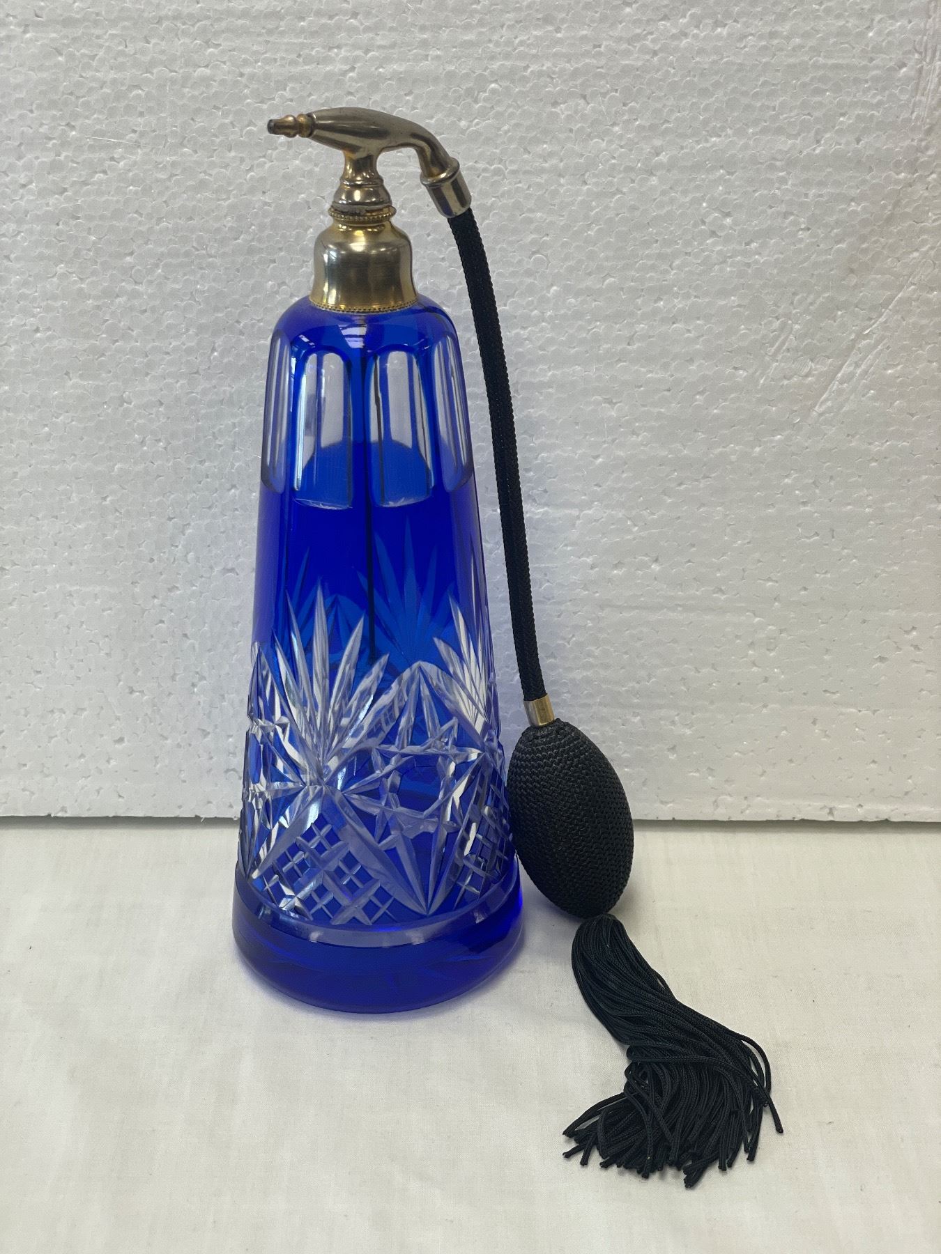 Vintage Etched Blue Glass Perfume Bottle With Bladder