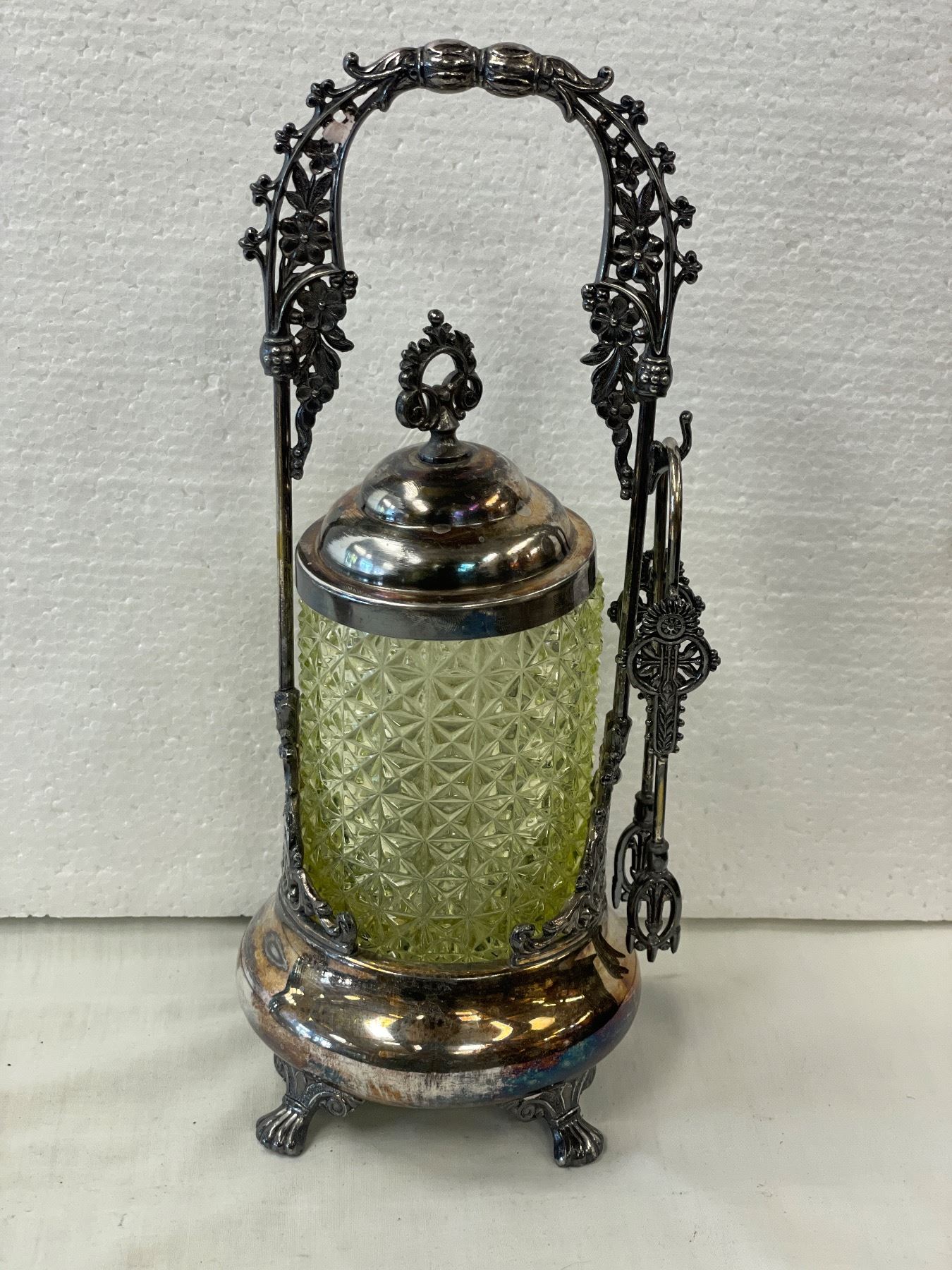 Vintage Green Cut Glass Footed Pickle Caster, With Tongs - Test Site