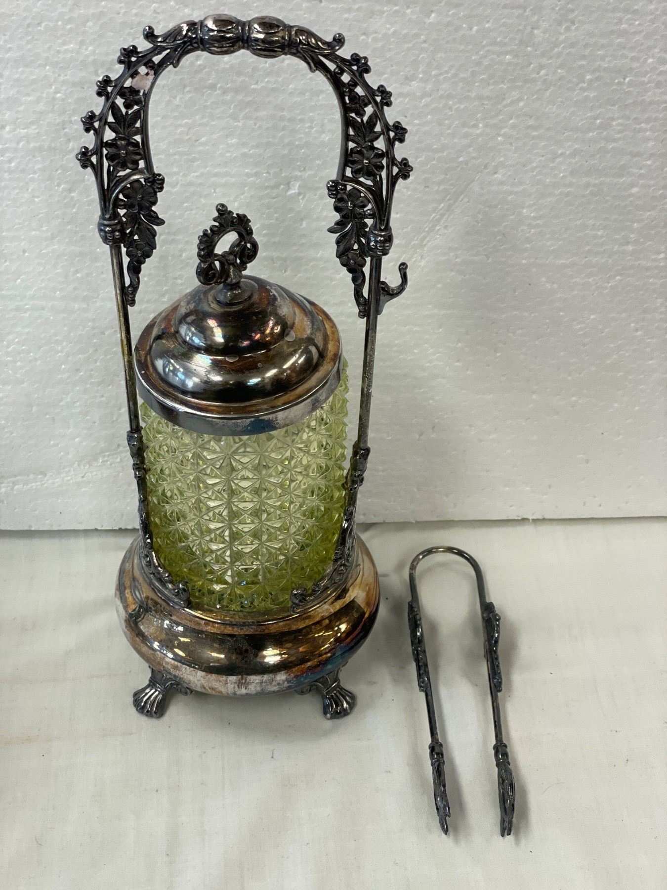 Vintage Green Cut Glass Footed Pickle Caster, With Tongs