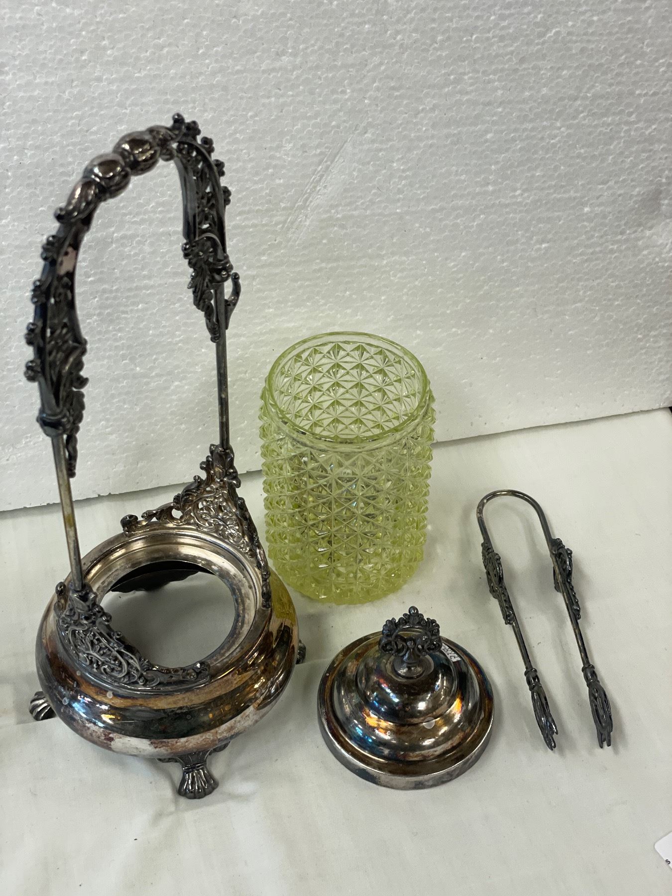 Vintage Green Cut Glass Footed Pickle Caster, With Tongs