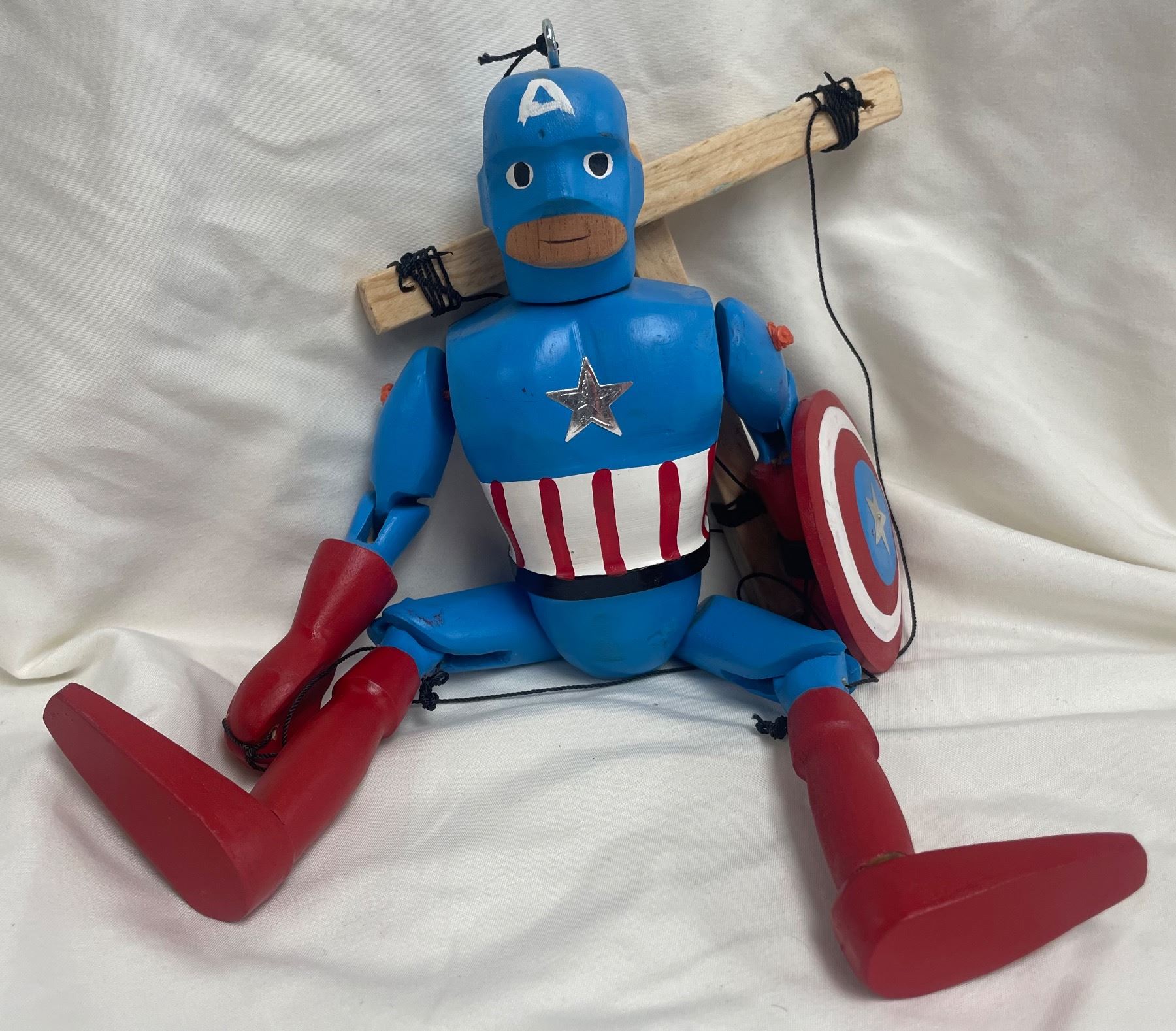 Hand Carved & Painted Wood Captain American Marionette