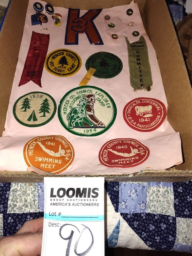 1930-1954 COLLECTIBLE FABRIC PATCHES, MERCER CO. BOY SCOUTS, BOT SCOUT PINS