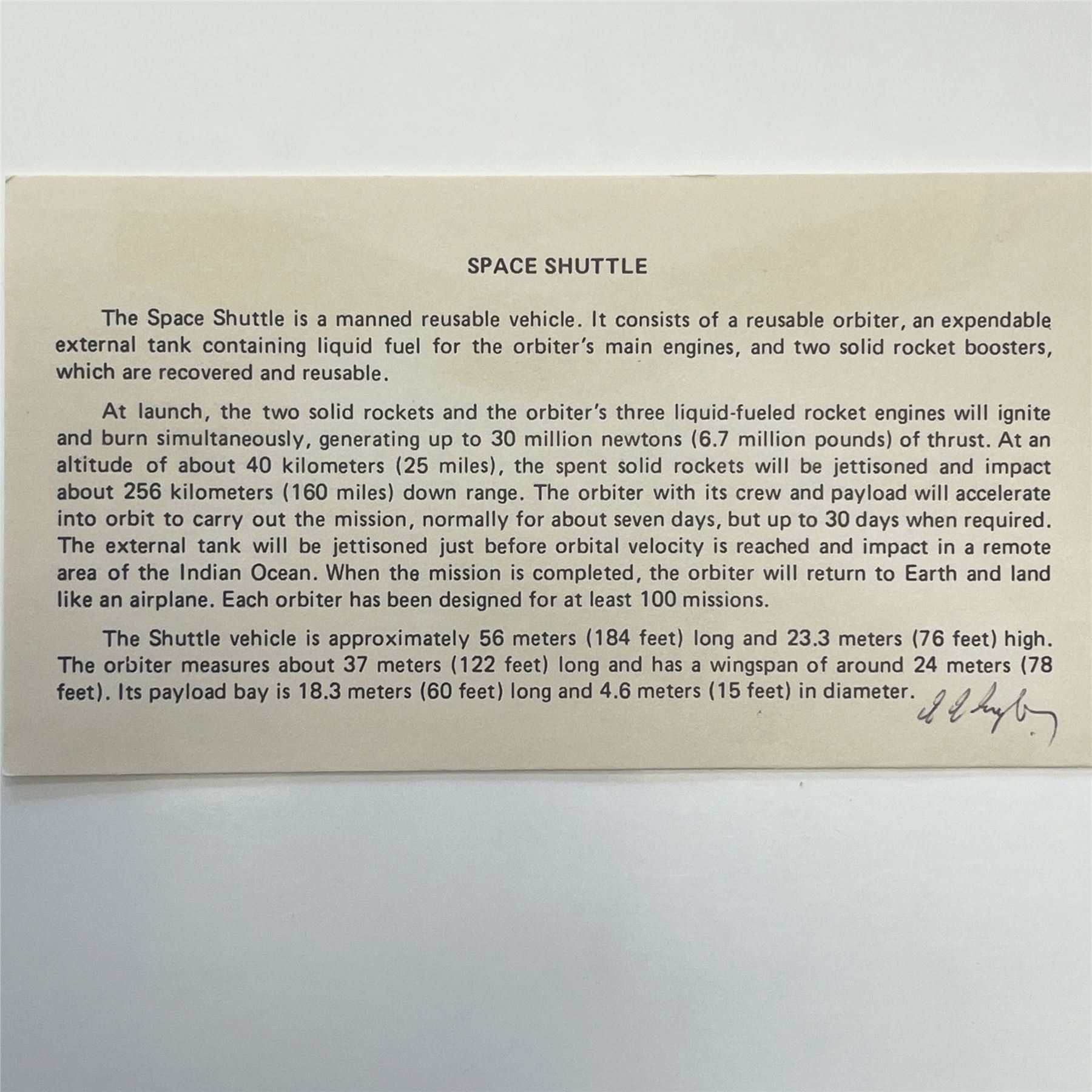M. Ingler signed Space Shuttle information card
