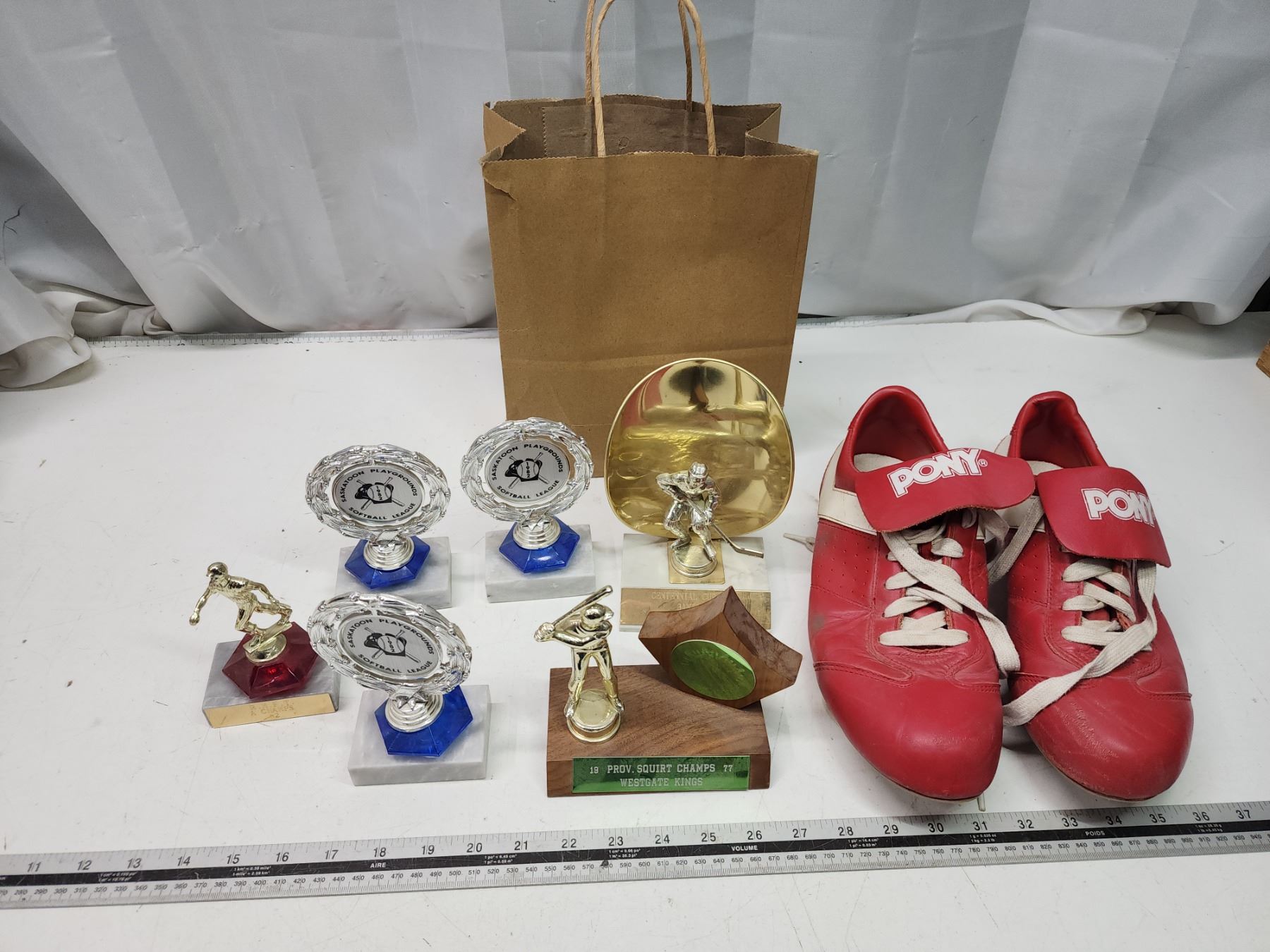 Baseball memorabilia - Vintage Pony cleats - sz 9, assorted trophies ...