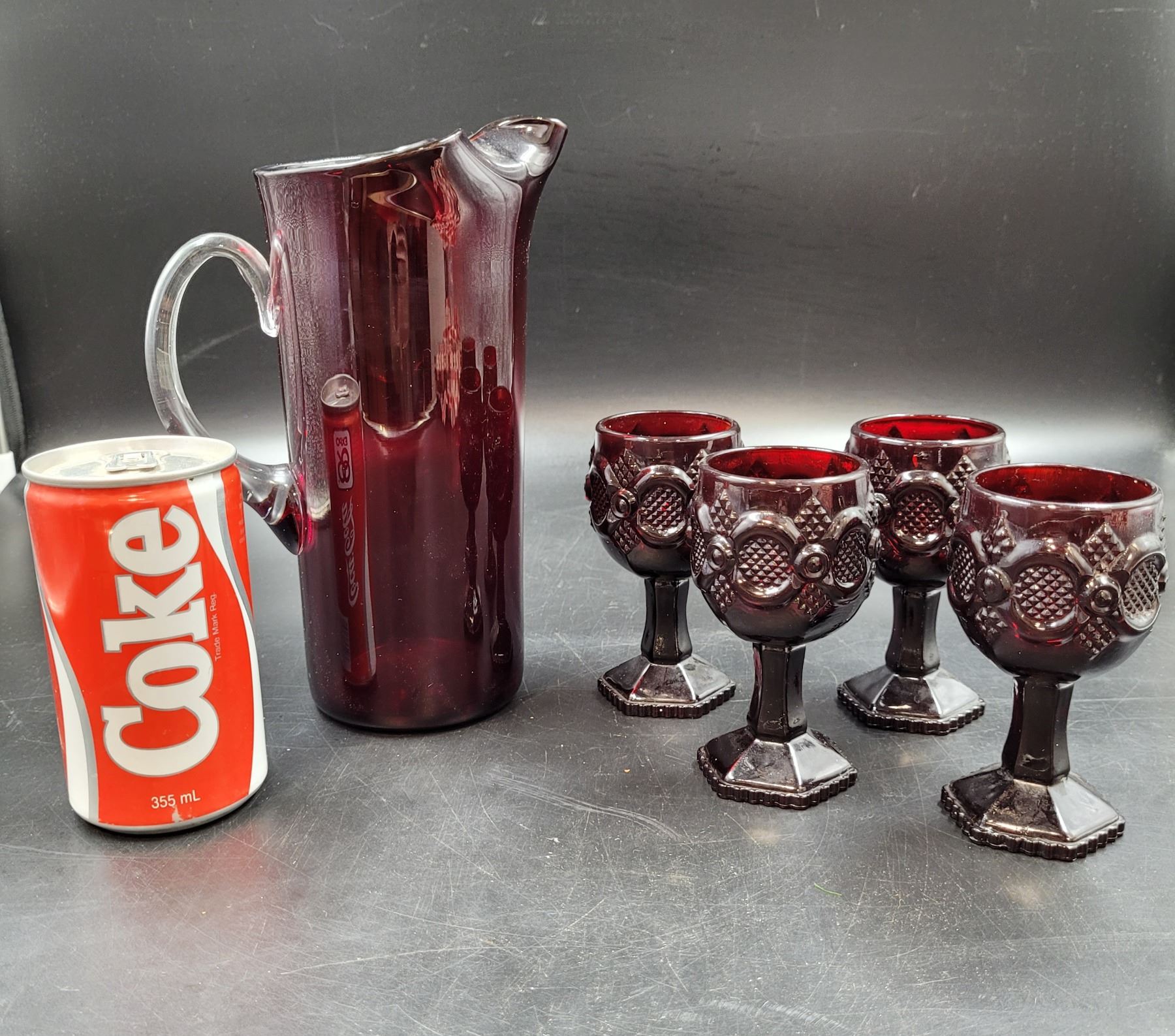 Vintage Avon Ruby Red Wine Goblets and Glass Pitcher
