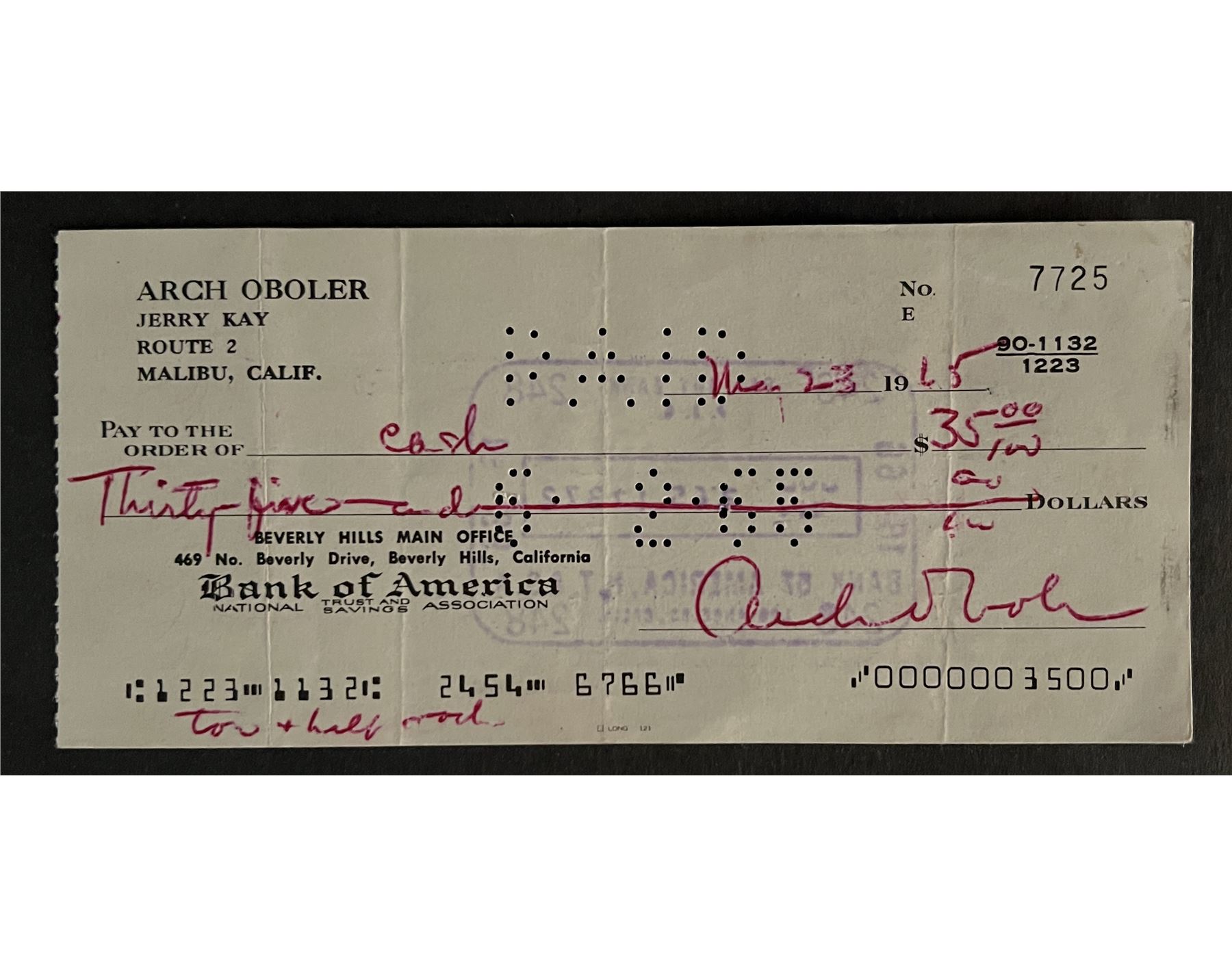 Arch Oboler signed check