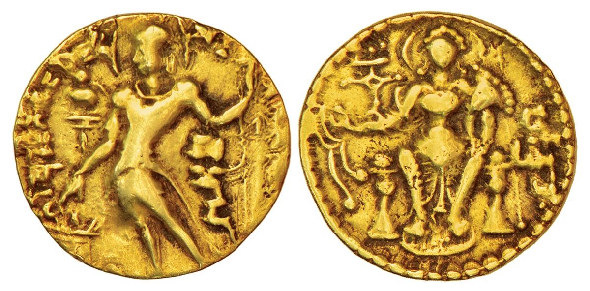 Ancient India: Gupta Empire, gold dinar of Samudra Gupta, (c.350-375 AD ...