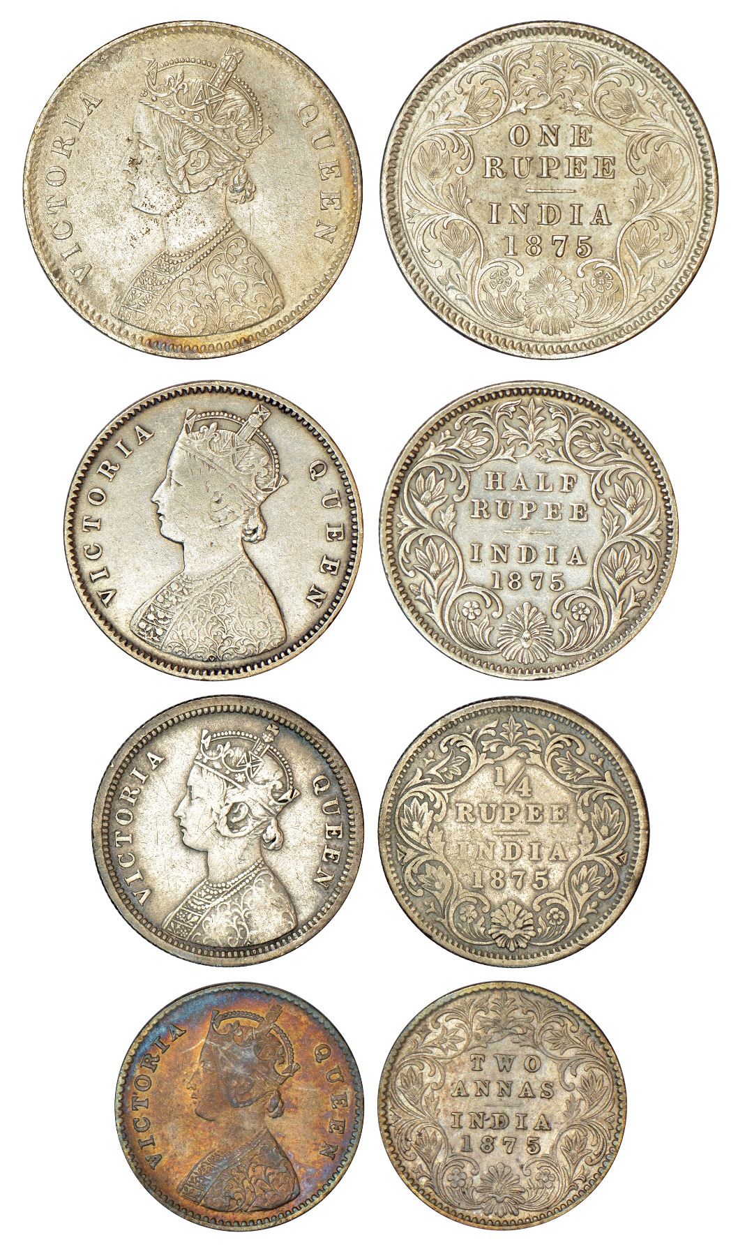 British India: Victoria Queen, set of 4 silver coins, 1875, rupee, ½ ...