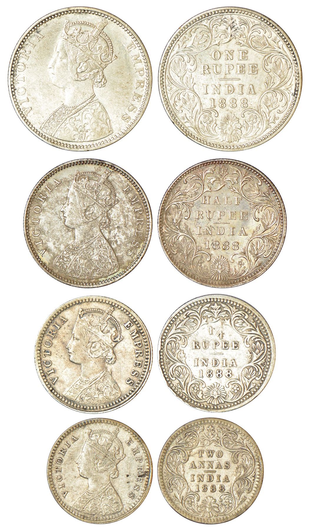 British India: Victoria Empress, set of 4 silver coins, 1888, rupee, ½ ...