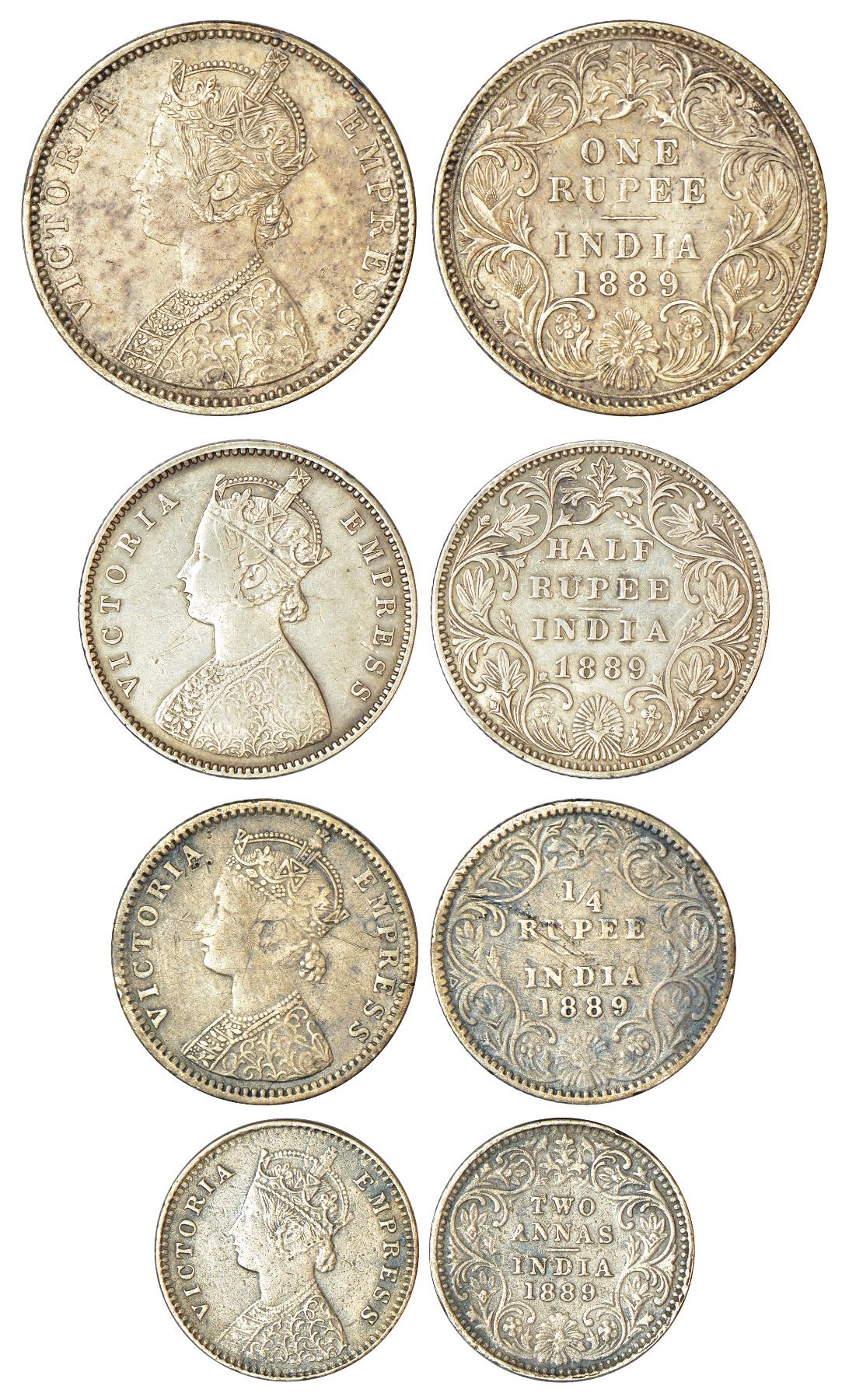 British India: Victoria Empress, set of 4 silver coins, 1889, rupee, ½ ...