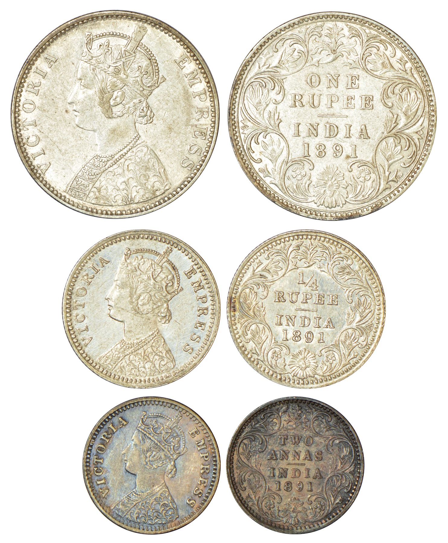 British India: Victoria Empress, set of 3 silver coins, 1891, rupee, ¼ ...